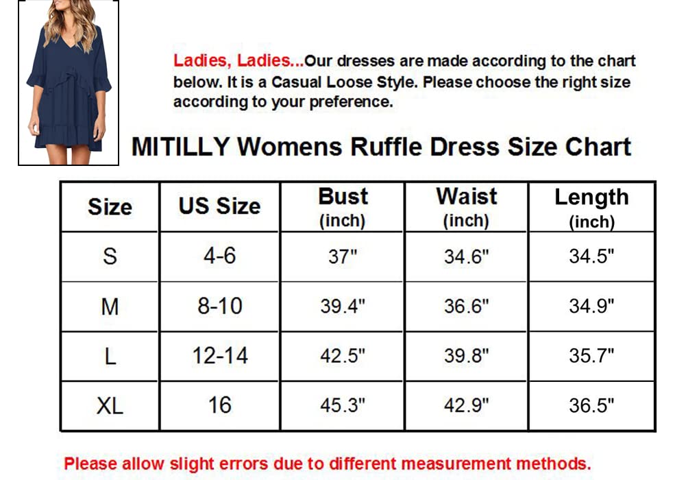 MITILLY Women's Summer V Neck Ruffle Polka Dot Pocket Loose Swing Casual Short T-Shirt Dress