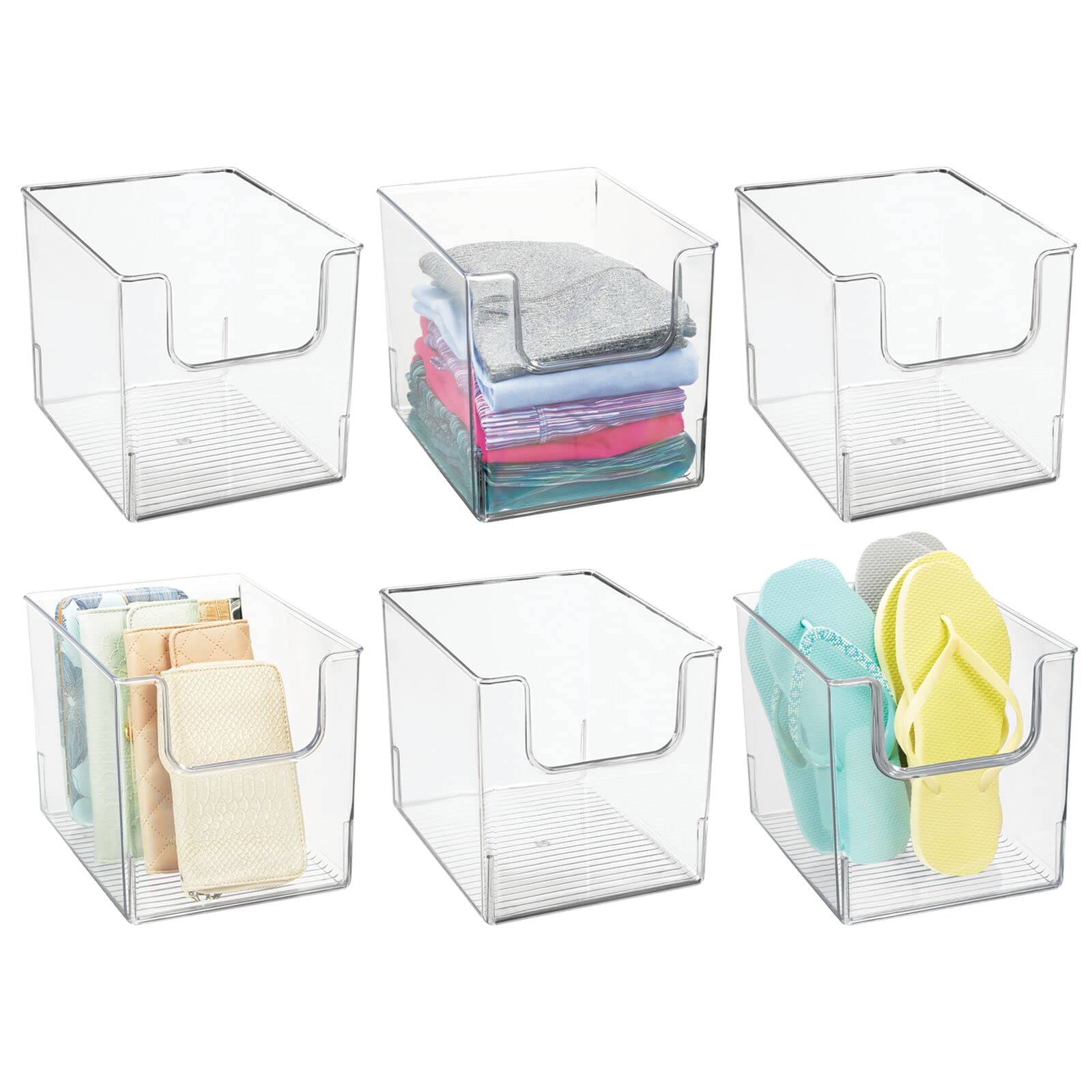 mDesign Modern Plastic Open Front Dip Storage Organizer Bin Basket for Closet Organization - Shelf, Cubby, Cabinet, and Cupboard Organizing Decor - Ligne Collection - 6 Pack - Clear
