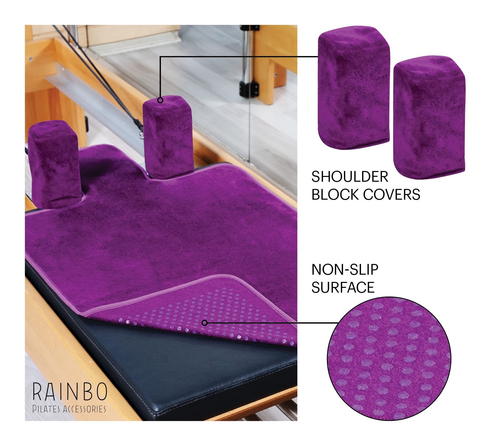 Pilates Reformer Non-Slip Mat Towel, Double Straps 1 Pair Black Colour (Included 2 Pcs Shoulder Block Covers)