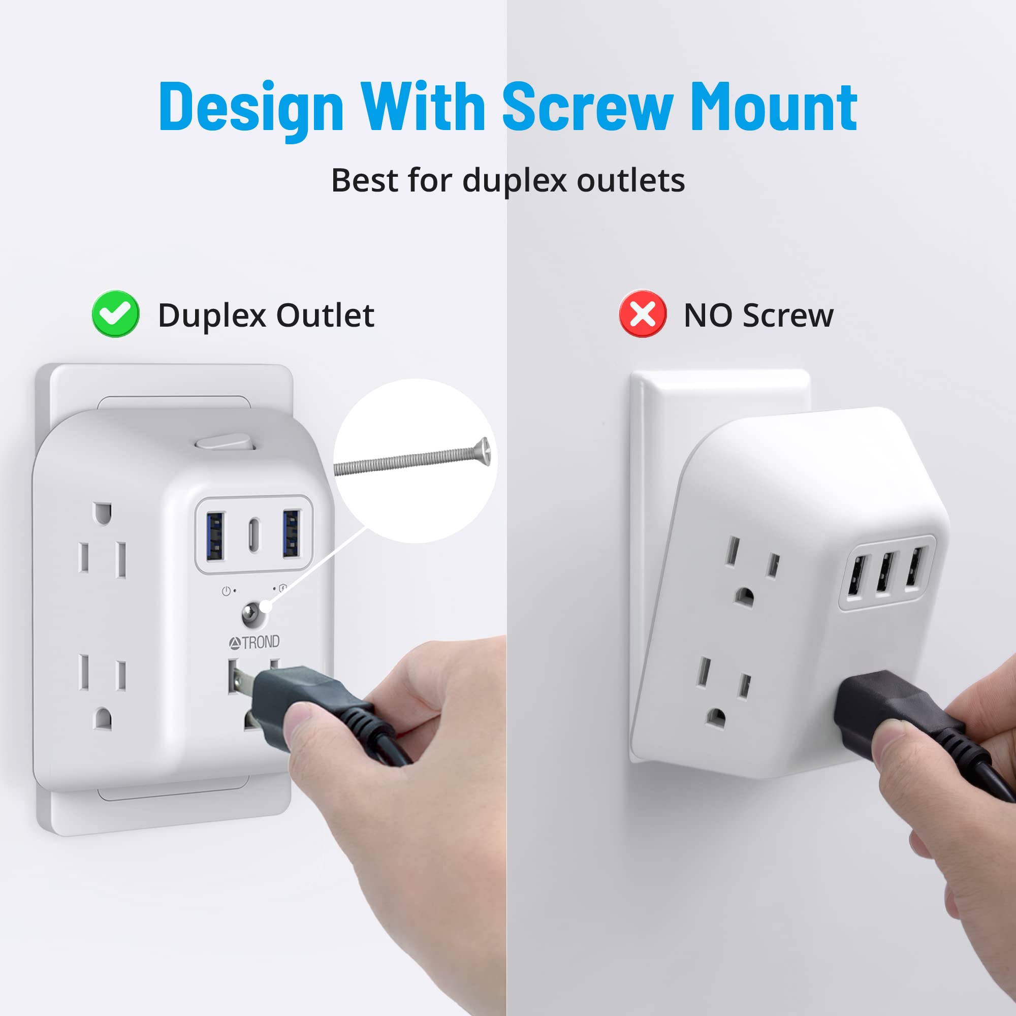 TROND Surge Protector Outlet Extender - 5 Outlet Splitter with 3 USB Ports (1 USB C), Multi Plug Outlet Expander with ON/Off Switch, 3 Sided Multiple Wall Plug Power Strip for Home Travel Office