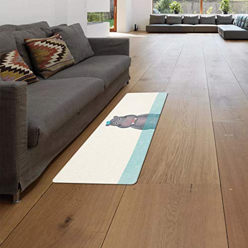 Possta Decor 2 Pieces Kitchen Rugs Set Cartoon Hippo Blue Stream,Water Absorbent Soft Doormat Area Runners Grey Animal River Horse,Non-Slip Bath Mat for Entryway Bathroom Laundry