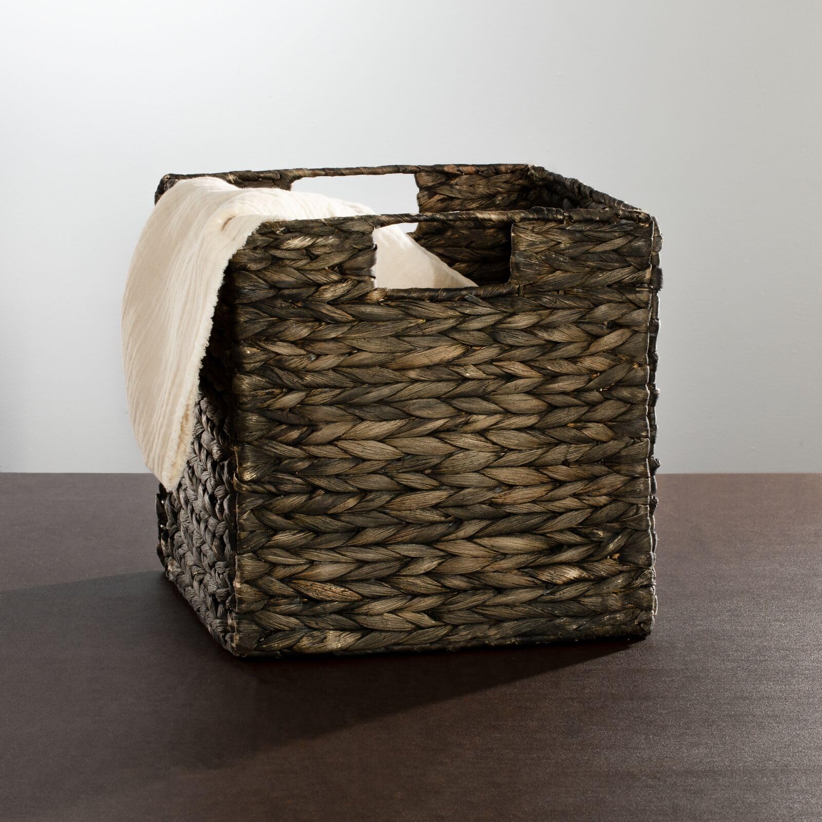 mDesign Natural Woven Hyacinth Cube Organizer Basket with Handles, Storage for Bathroom, Laundry Room Shelf or Nursery - Perfect for Cubby Storage Units - Hold Blankets and Books - 2 Pack, Black Wash