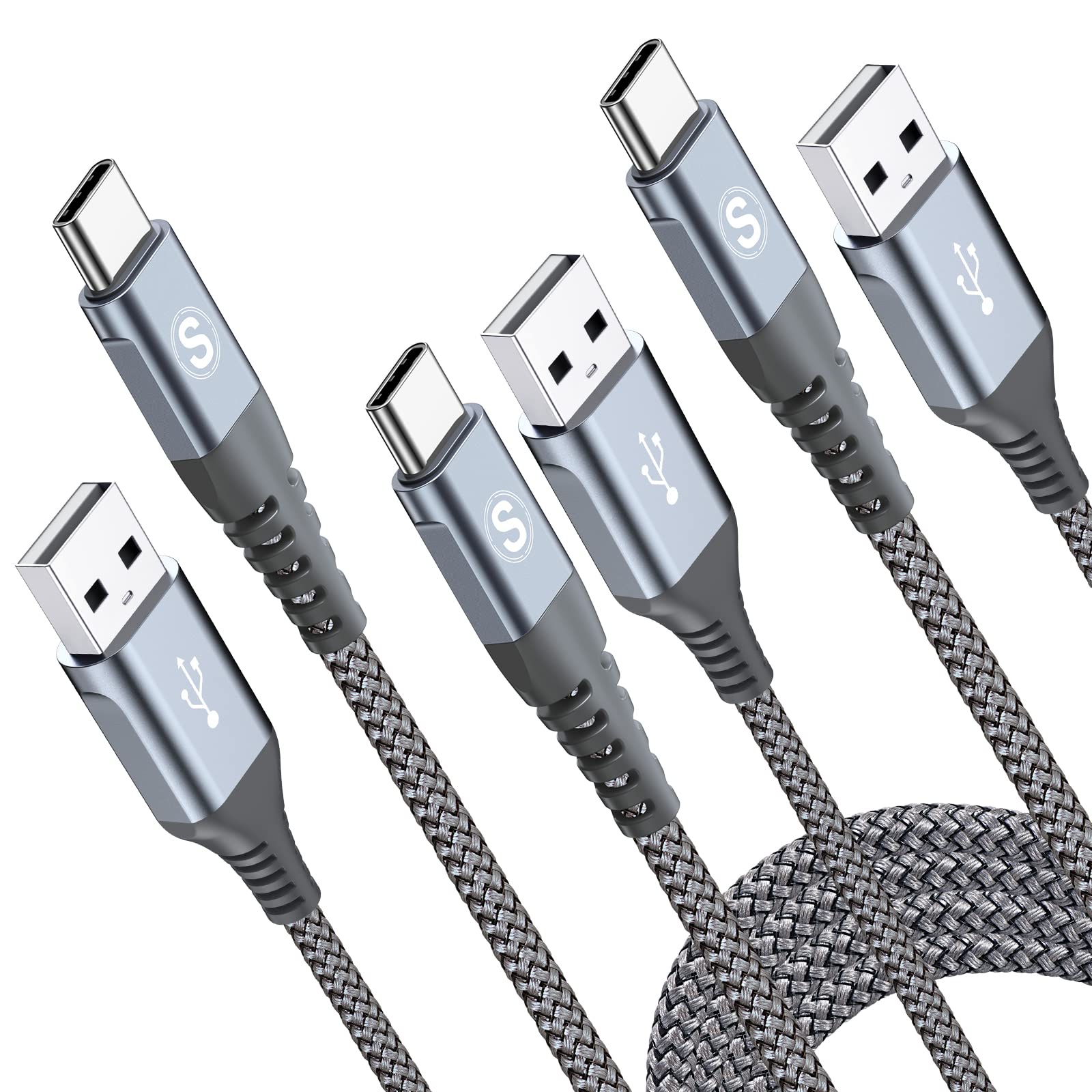 USB Type C Cable 3.1A Fast Charging [3Pack,6.6ft+3.3ft+1.5ft],MAXGROUP USB-A to USB-C Charger Nylon Braided Cord for Samsung Galaxy S21 S20 S10 S9 S8 Plus,Note 20 10 9 8 7,A71 A51 A32,LG,Moto,PS5-Grey