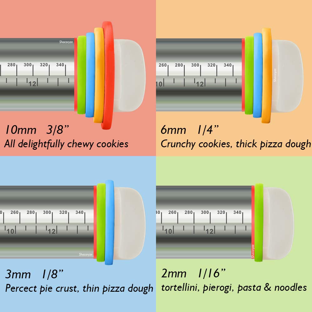 Shacoryze Rolling Pin with 4 Thickness Rings, Adjustable French Dough Roller Stainless Steel Nonstick Pastry Mat Spatula Brush Set for Baking Fondant, Pizza, Tortilla, Pasta, Pie, Pastries, Cookies