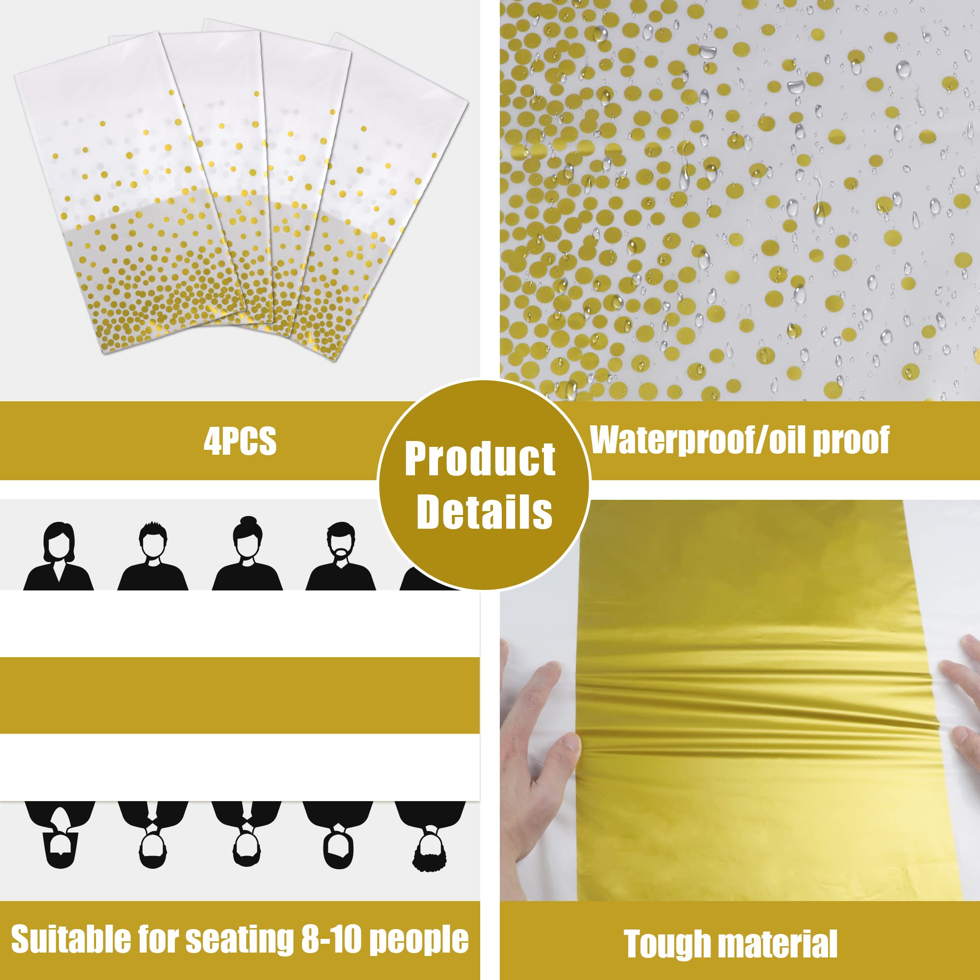 OHOME 4 Pack Disposable Plastic Table Cloths for Parties,White and Gold Rectangle Table Covers for Wedding Bridal Shower Birthday | Baptism Decorations,Engagement Party Decorations 54" x 108"