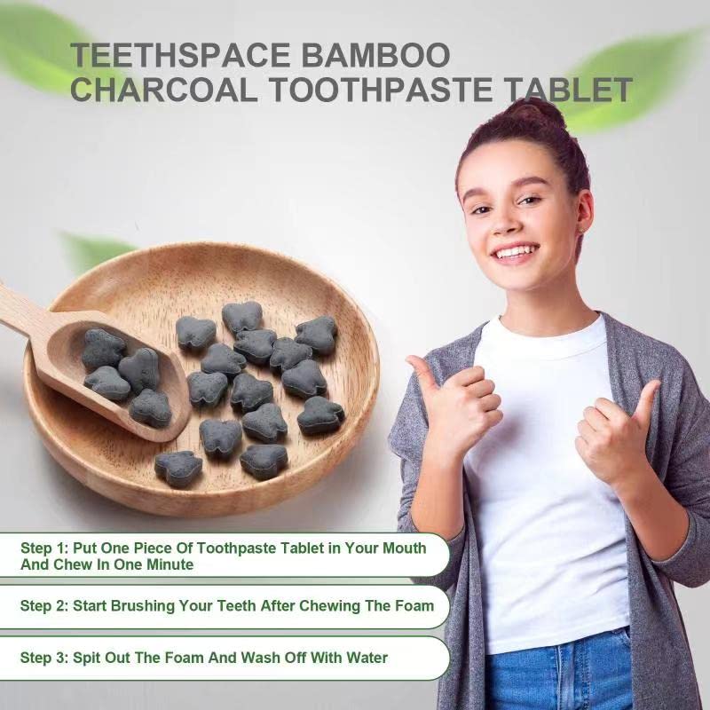 TeethSPACE Activated Bamboo Charcoal Toothpaste Tablets, 55 Mega Size Chewable Tabs, Natural and Eco-Friendly, Flouride Free, Teeth Cleaning and Whitening Solution, Travel Mouthwash Tablets