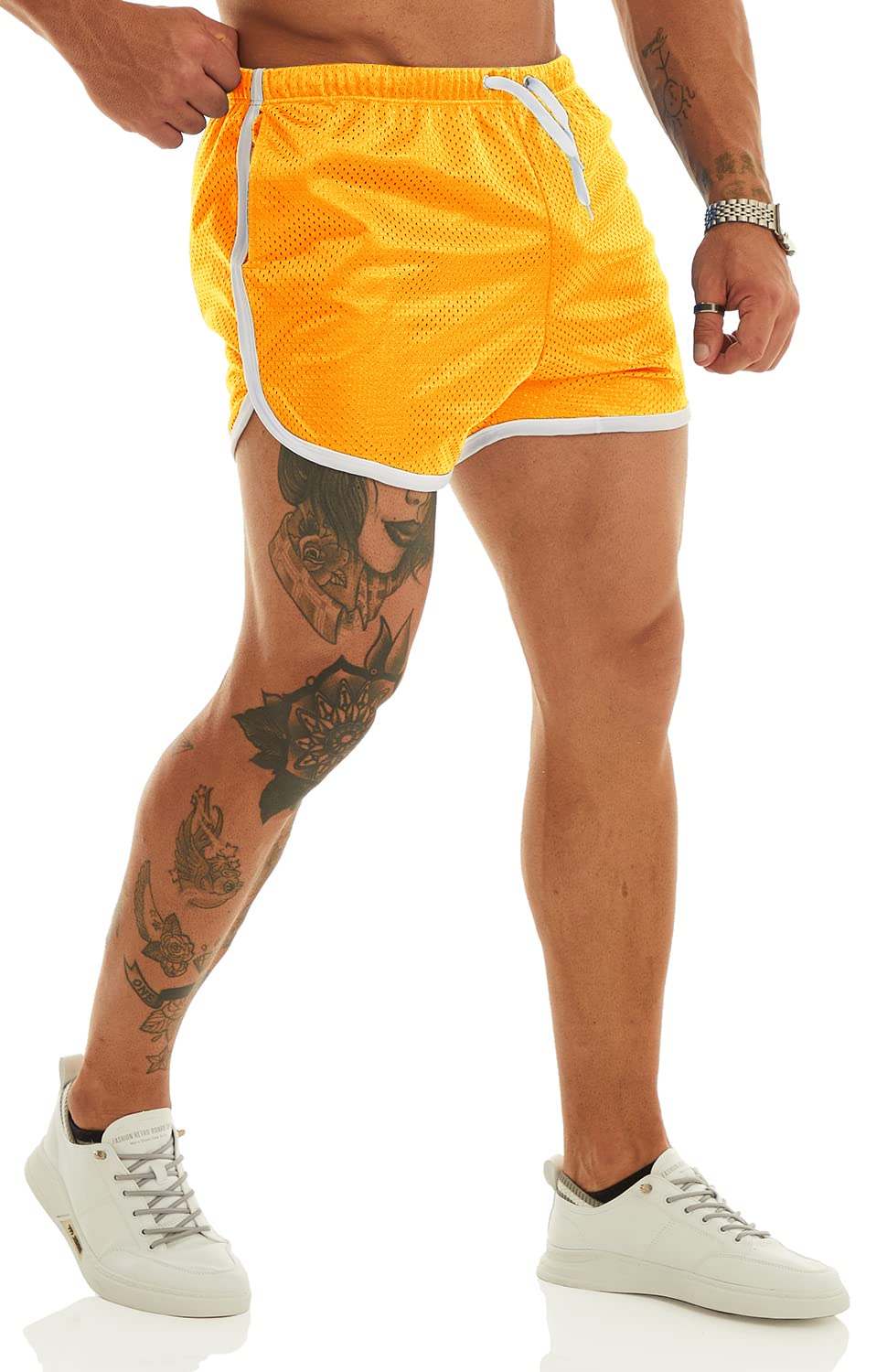 Ouber Men's Fitted Shorts Bodybuilding Workout Gym Running Tight Lifting Shorts with Pockets (Yellow, Small)