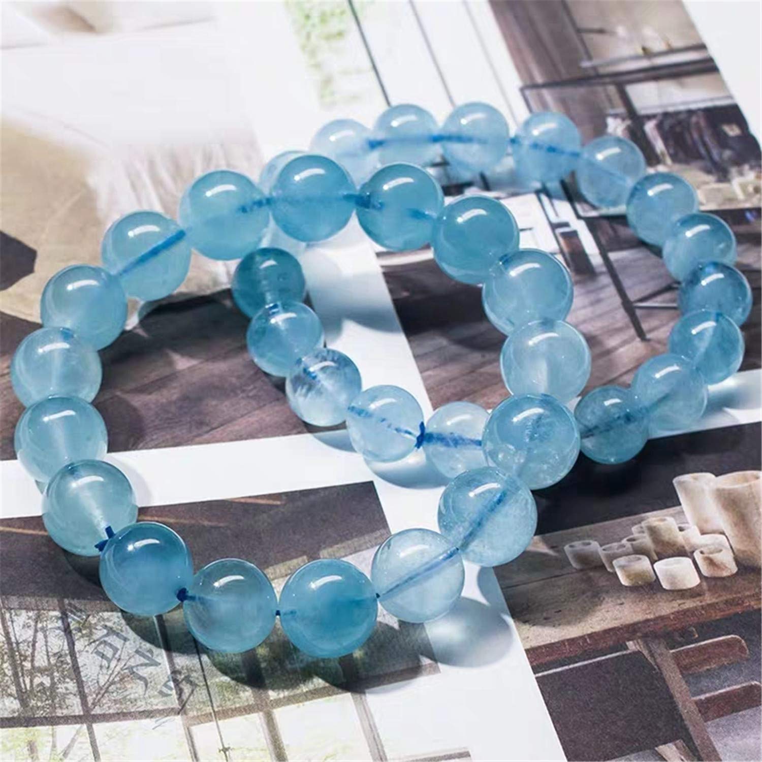 Muko Gemstone Genuine Natural Blue Aquamarine Crystal Stretch Clear Round Beads Women Men Bracelet 7-13mm AAAAA (7)