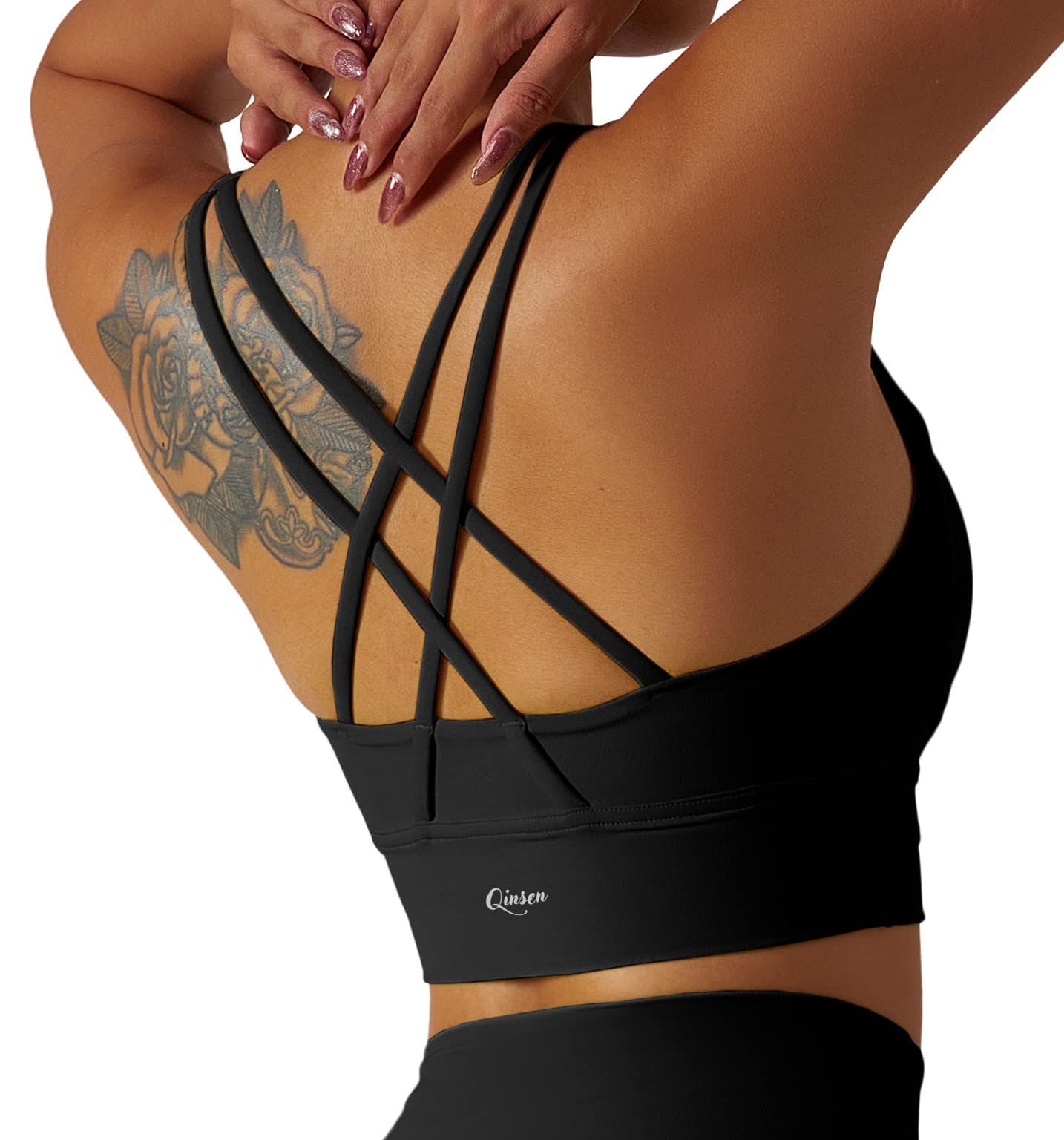QINSEN Black Sports Bra for Women U Neck Workout Running Supportive Strappy Crop Tops L