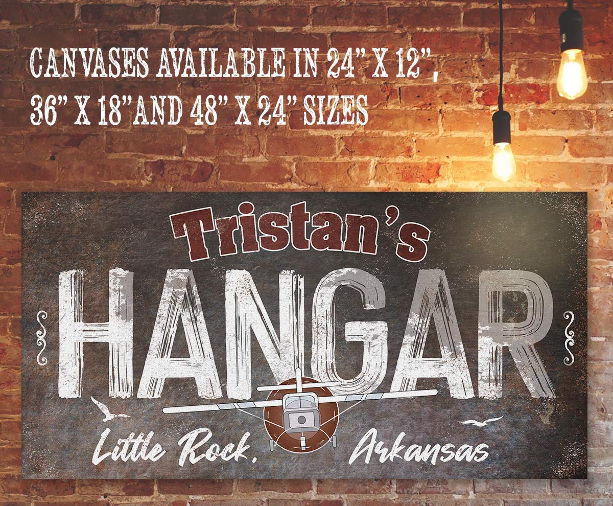 Personalized Hangar Airplane Print - Custom Print with Name and City State, Pilot Name Print and Aviation Sign, Antique Airplane Decor and Man Cave Gift, Rustic Metal Style Canvas Print 12x24