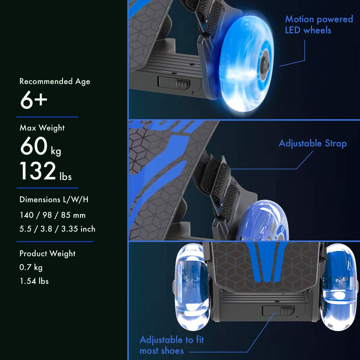 Neon Street Rollers | Flashing Heel Wheels Clip on Skates for Kids Age 6+ Years Old (Blue dark)