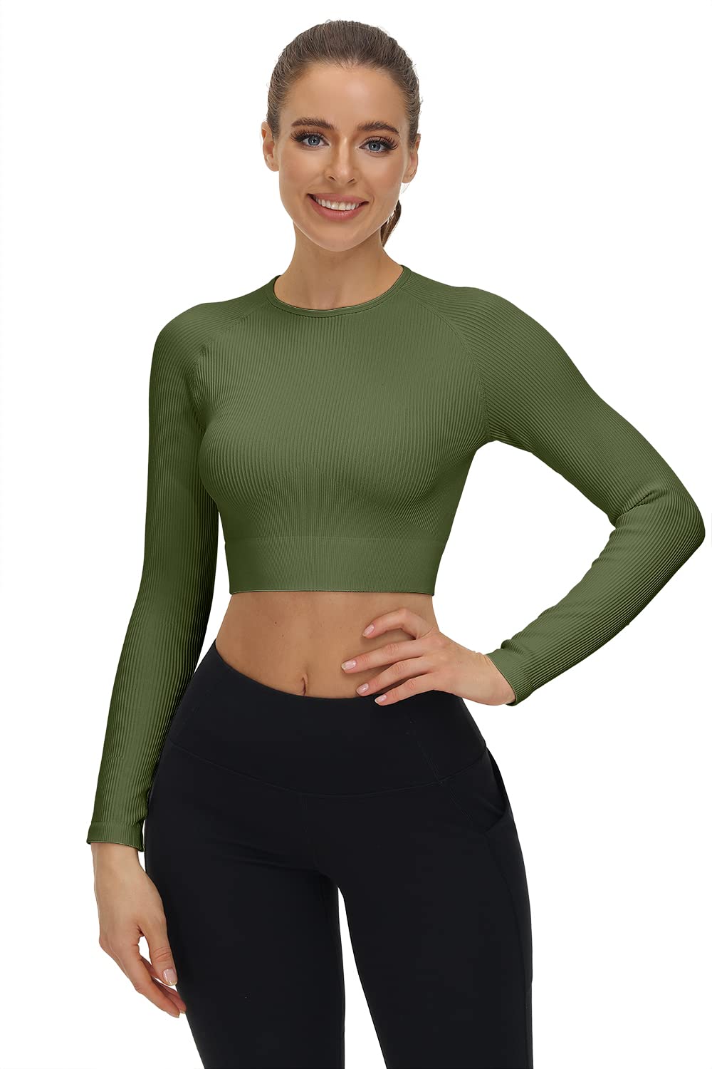 QINSEN Womens Stretch Exercise Training Tops Ribbed Long Sleeve Crewneck Workout Sport Shirts Olive Green M