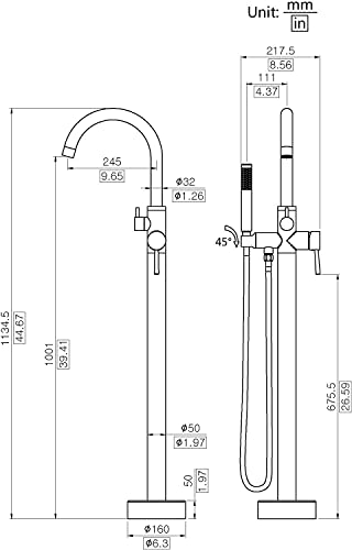 Westbrass DF02043-62 Floor Mount Freestanding Bathtub Filler Faucet with Handheld Shower, Matte Black
