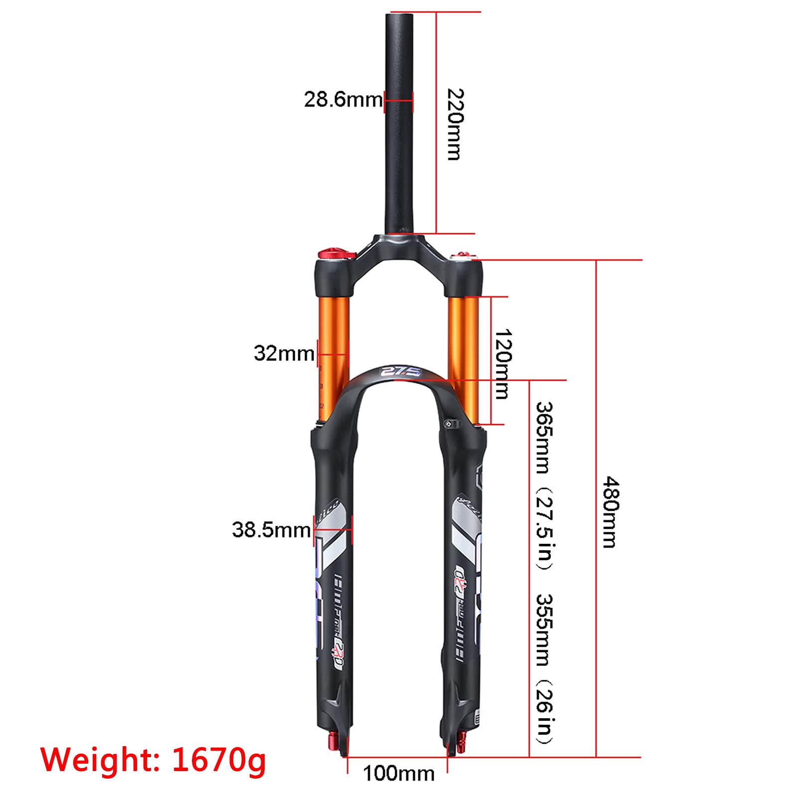 MTB Air Fork Front Suspension 26 & 27.5In Mountain Bike Adjustable Damping Shock Absorber, Double Chamber, Shoulder Lock, Super Light 1600G Bicycle Accessories,White,26inch