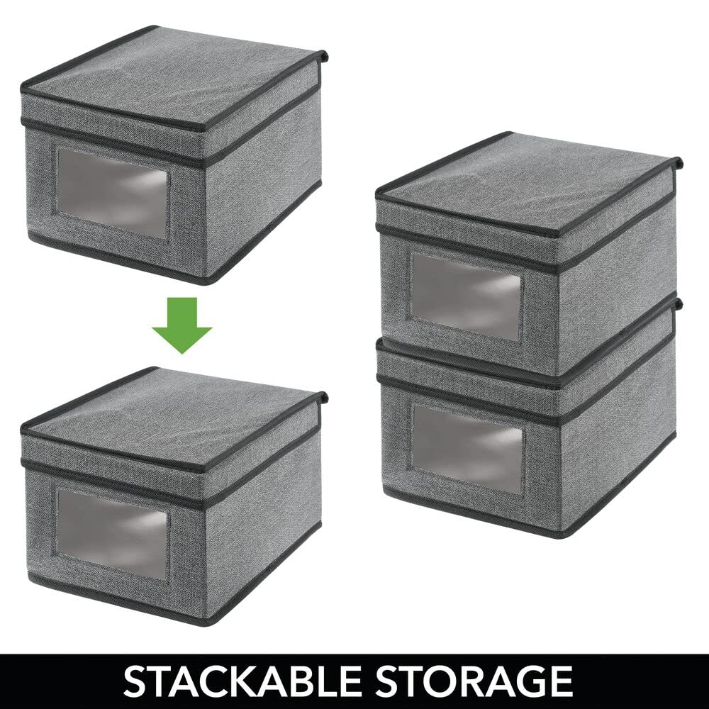 mDesign Soft Fabric Stackable Closet Storage Organizer Box with Clear Window and Attached Hinged Lid for Bedroom, Hallway, Entryway, Closets, 4 Pack - Cream/Espresso Brown