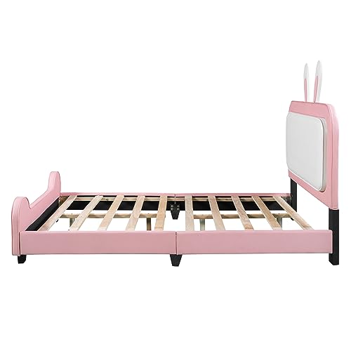 YSWH Full Size Upholstered Rabbit Shaped Princess Bed, Wood Platform Bed Frame with Bunny Ears Headboard and Bunny Tail Footboard, Kids Bedroom Furniture Fun Cute Rabbit Bed Pink Bed