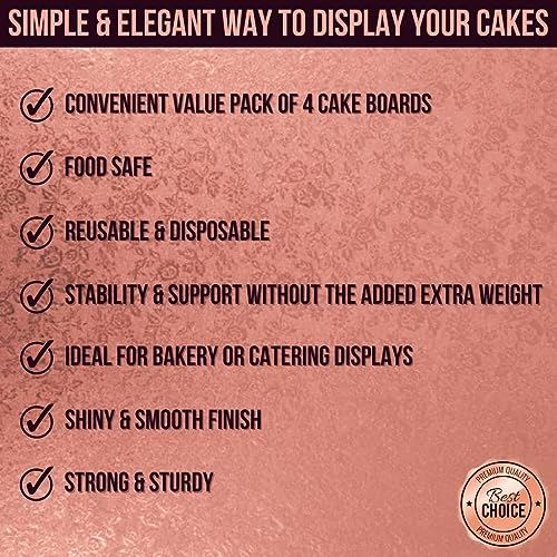 PixiPy Cake Boards (4 Pack, 12 inch, Rose Gold), Reusable Round Cake Drums for Showstopping Desserts, Heavy-Duty Disposable Cardboard Cake Bases W/Elegant Patterns, Cake Decorating Supplies