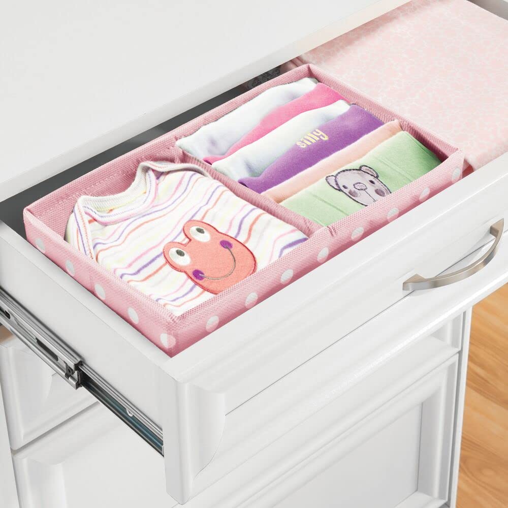 mDesign Soft Fabric 2 Section Polka Dot Dresser Drawer and Closet Storage Organizer for Child/Kids Room, Nursery, Playroom - Divided Organizer Bin - Textured Print, 3 Pack - Pink/White