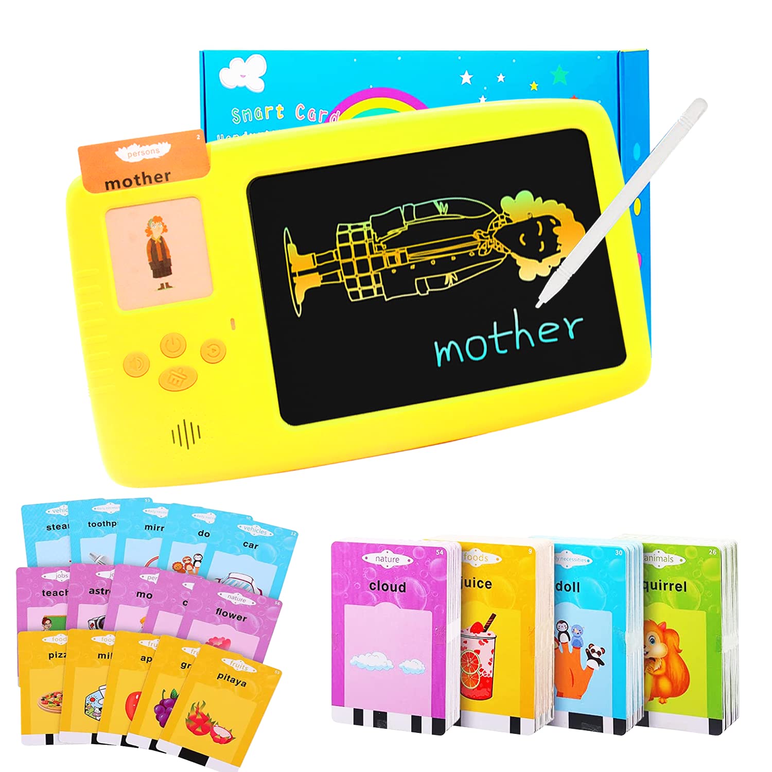 Talking Flash Cards,Toddler Toys 2 in 1 Flash Cards Learning Toy and LCD Writing Tablet for 2 3 4 5 6 Year Old Kids, 112 Pcs Flash Cards 224 Words, Preschool Educational Gift