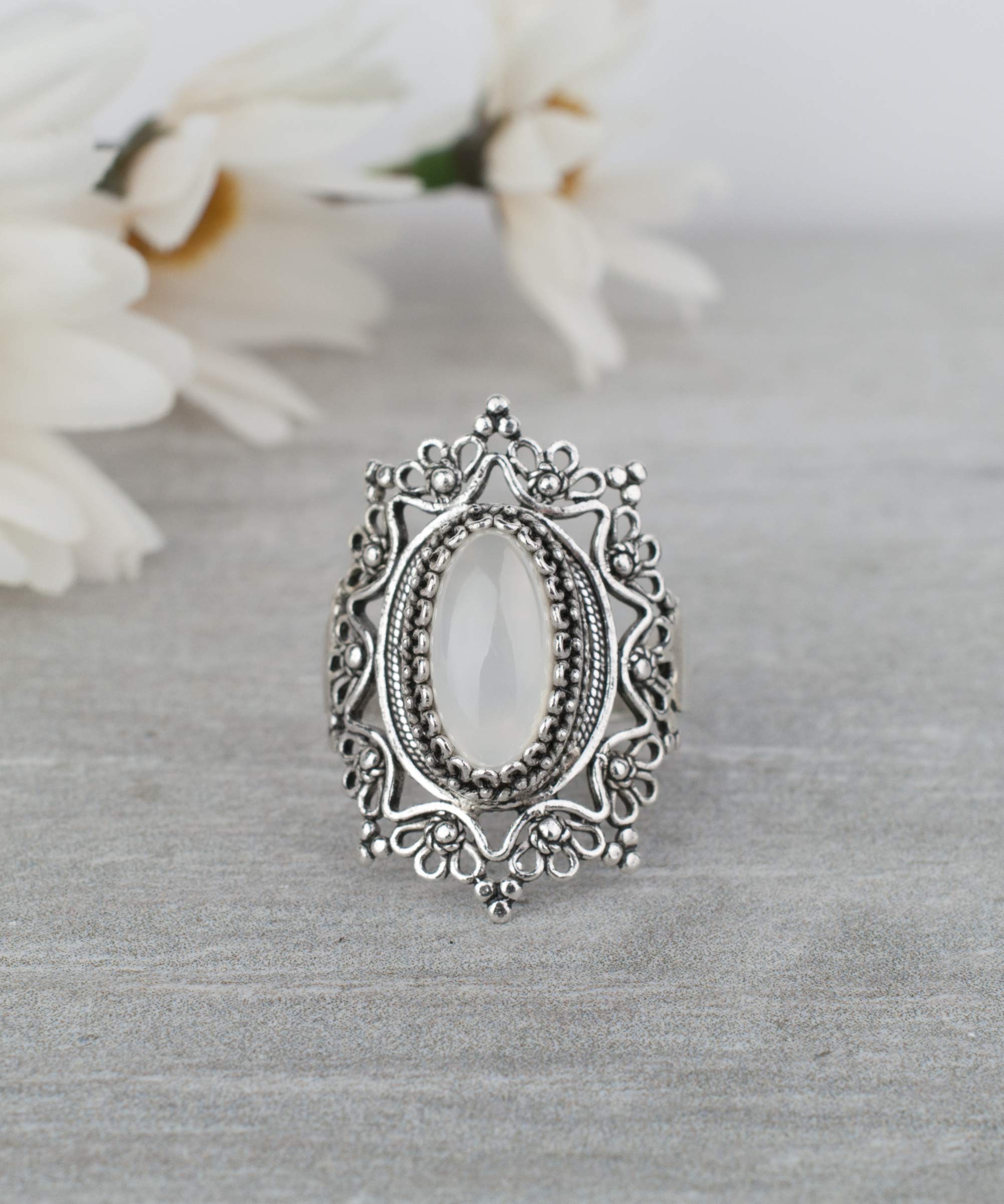 Ottoman Silver Collection 925k Sterling Silver Handmade Artisan Crafted Floral Pattern Filigree Ring with Moonstone Gemstone Unique Design for You, Mom and Your Beloved (10)