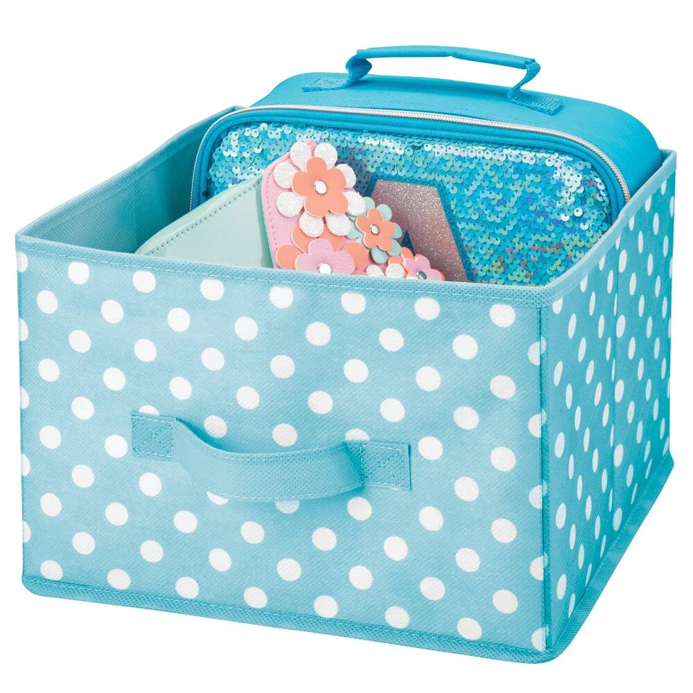 mDesign Soft Fabric Closet Storage Organizer Holder Box Bin - Attached Handle, Open Top, for Child/Kids Bedroom, Nursery, Toy Room - Fun Polka Dot Print - Medium, 2 Pack - Turquoise Blue/White Dots