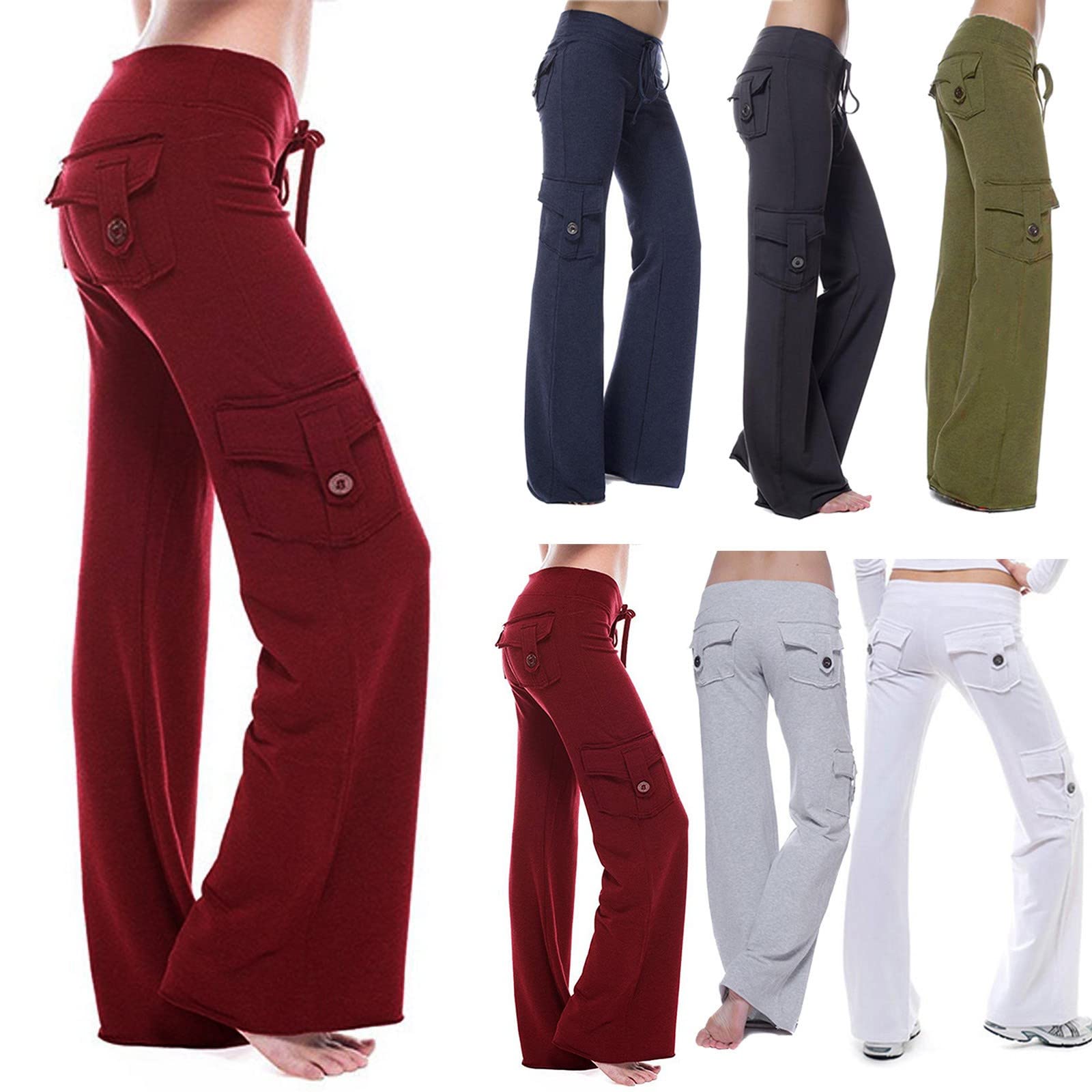 Womens Yoga Sweatpants High Waisted Flare Work Overalls Drawstring Button Casual Running Lounge Straight-Leg Elastic Pants