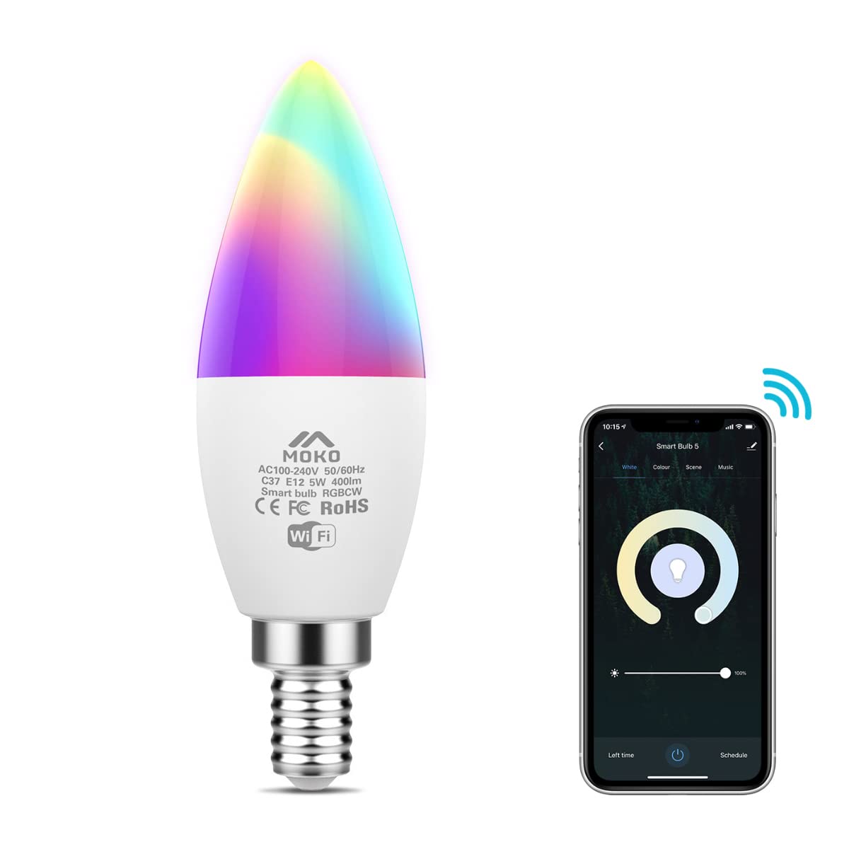 MoKo Smart Light Bulb, Color Changing Light Bulb Compatible with Alexa and Google Home Assistant, Dimmable LED Bulb C37 E12 Multicolor, No Hub, Only 2.4GHz, 1 Pack