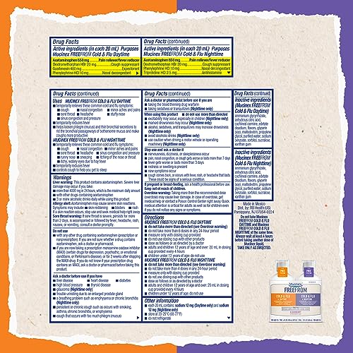 Mucinex FreeFrom Cold and Flu Daytime and Nighttime, Multi-Symptom Relief, Cherry, 6 Fl Oz (Pack of 2)