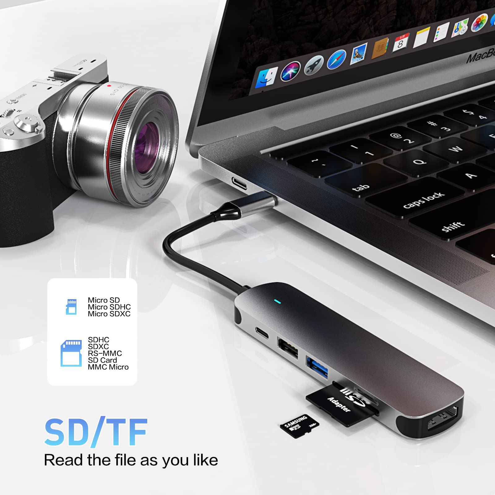 USB C HUB, Docking Station 6 in 1 with USB 3.0 Port, USB-C Port/PD, 4K HDMI and SD/TF Card Reader, USB C Adapter Compatible with MacBook Pro/Air Laptops and Other Type-C Devices