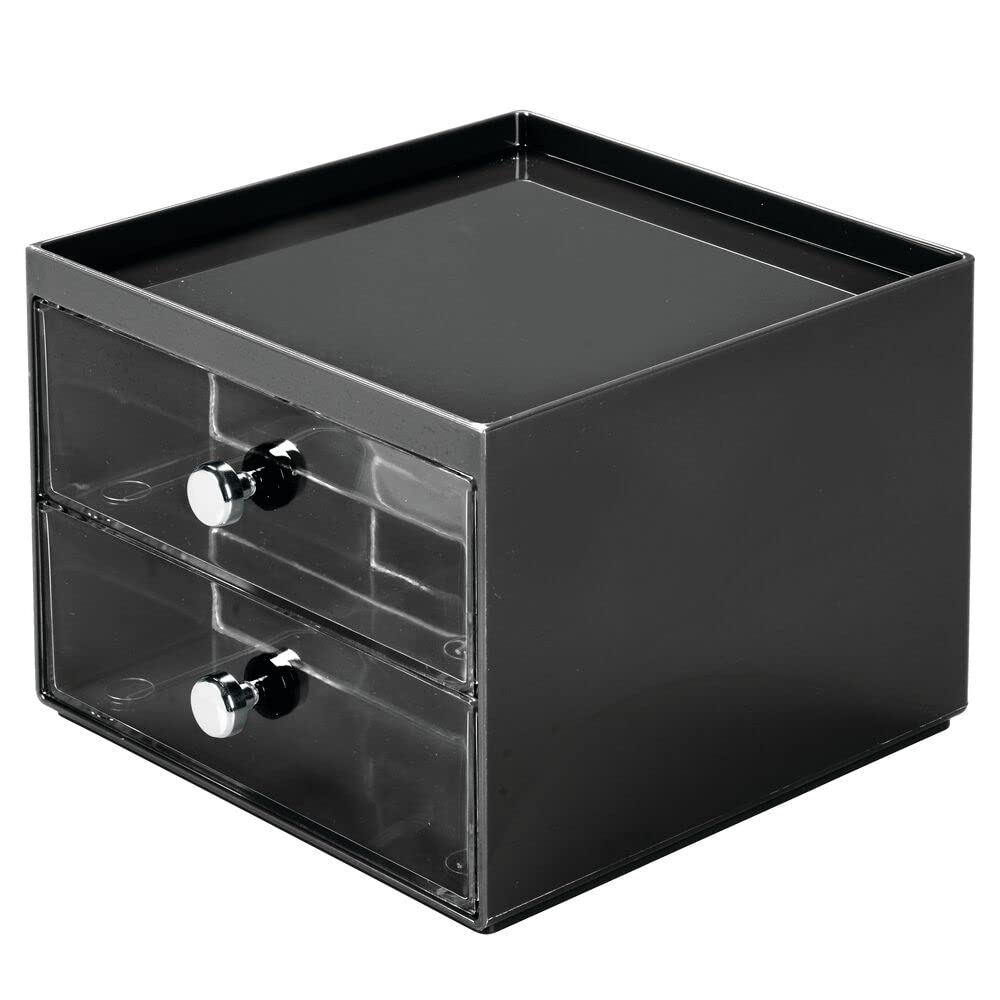 mDesign Stackable Plastic Eye Glass Storage Organizer Box Holder for Sunglasses, Reading Glasses, Lens Cleaning Cloths, and Accessories - 2 Divided Drawers, Chrome Pulls - Black/Clear