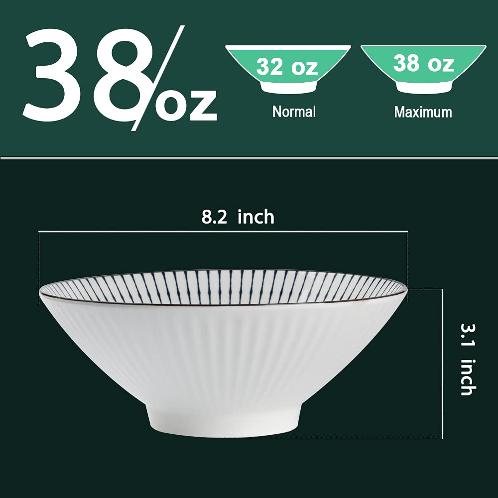 QINLANG 38 oz Japanese Ramen Bowls, Cereal Bowls, Soup Bowls, Pho Bowls, Noodle Bowls, Blue and White Ceramic Bowls Set of 4, 8 inches
