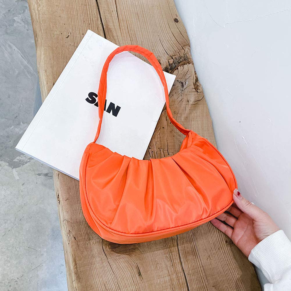Small Shoulder Bags for Women Solid Color Pleated Cloud Underarm Handbag Totes, Orange, 21 x 18 x 5cm