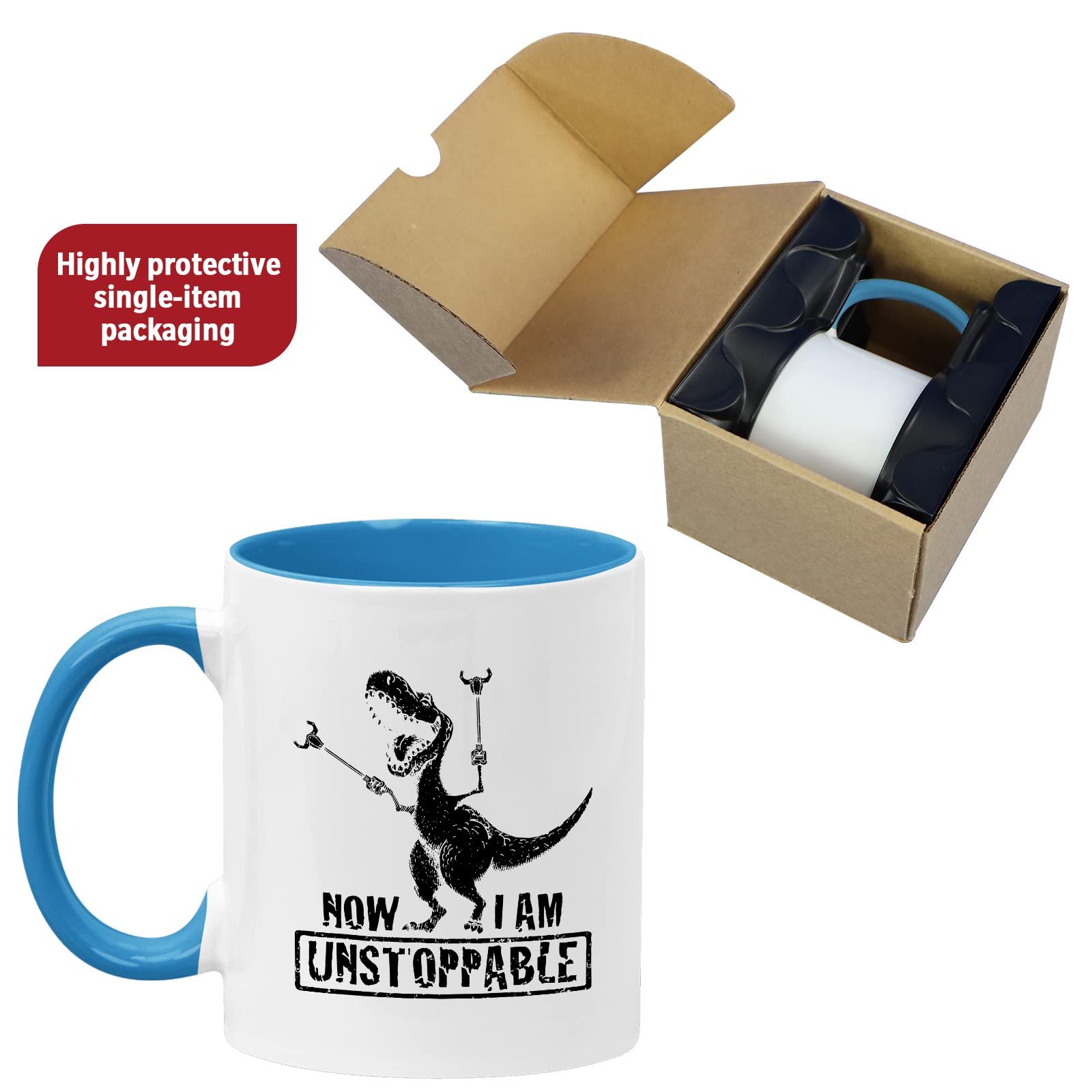 Okaytee T-rex Mug - Now I Am Unstoppable - Funny T-rex Dinosaur Gift Idea For Men and Women 11oz Two-Tone Mug White And Light Blue