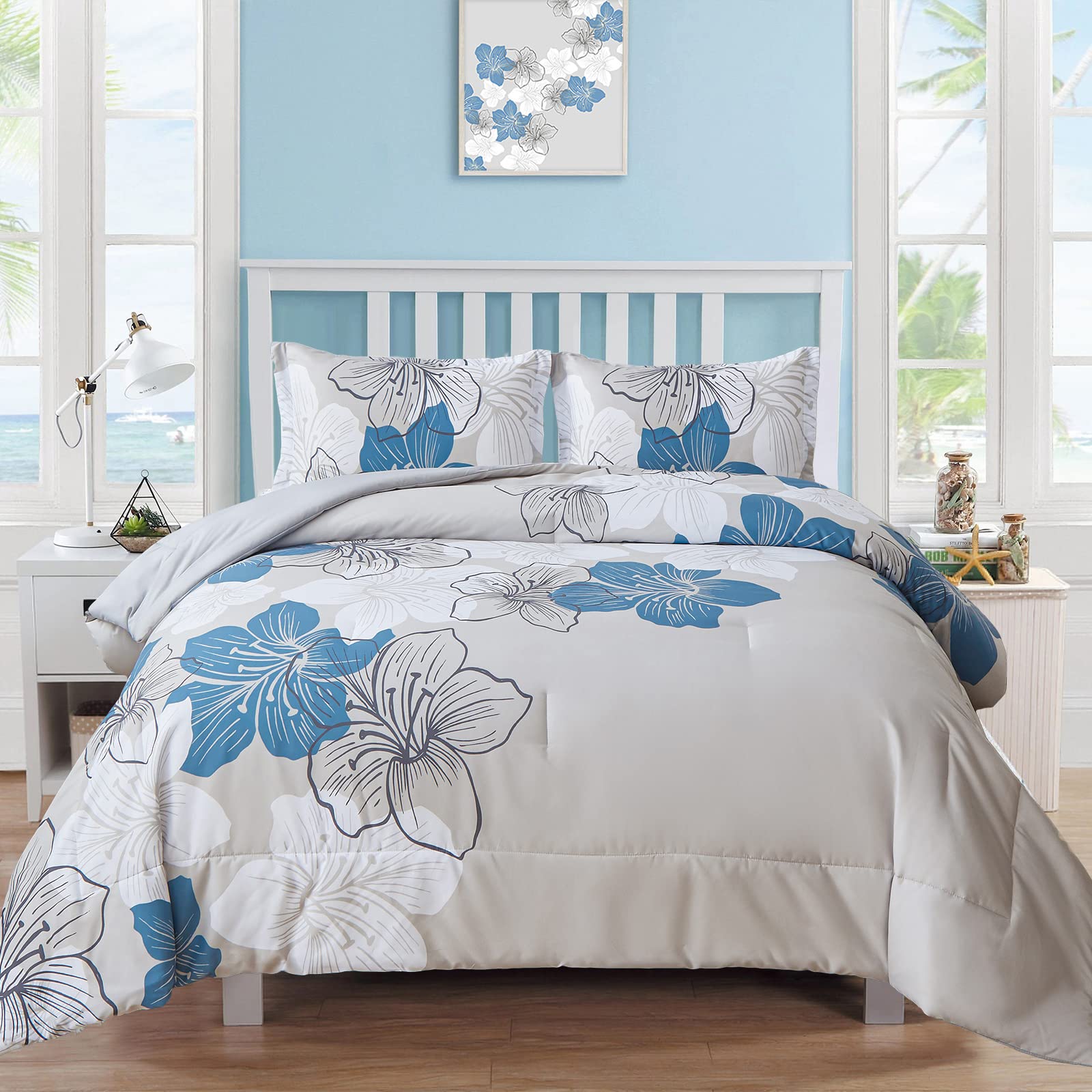 Menghomeus Black Comforter Set Queen - Red and White Floral Comforter with 2 Pillowcases Modern Bedding Sets Lightweight Boho Bed Set for All Season