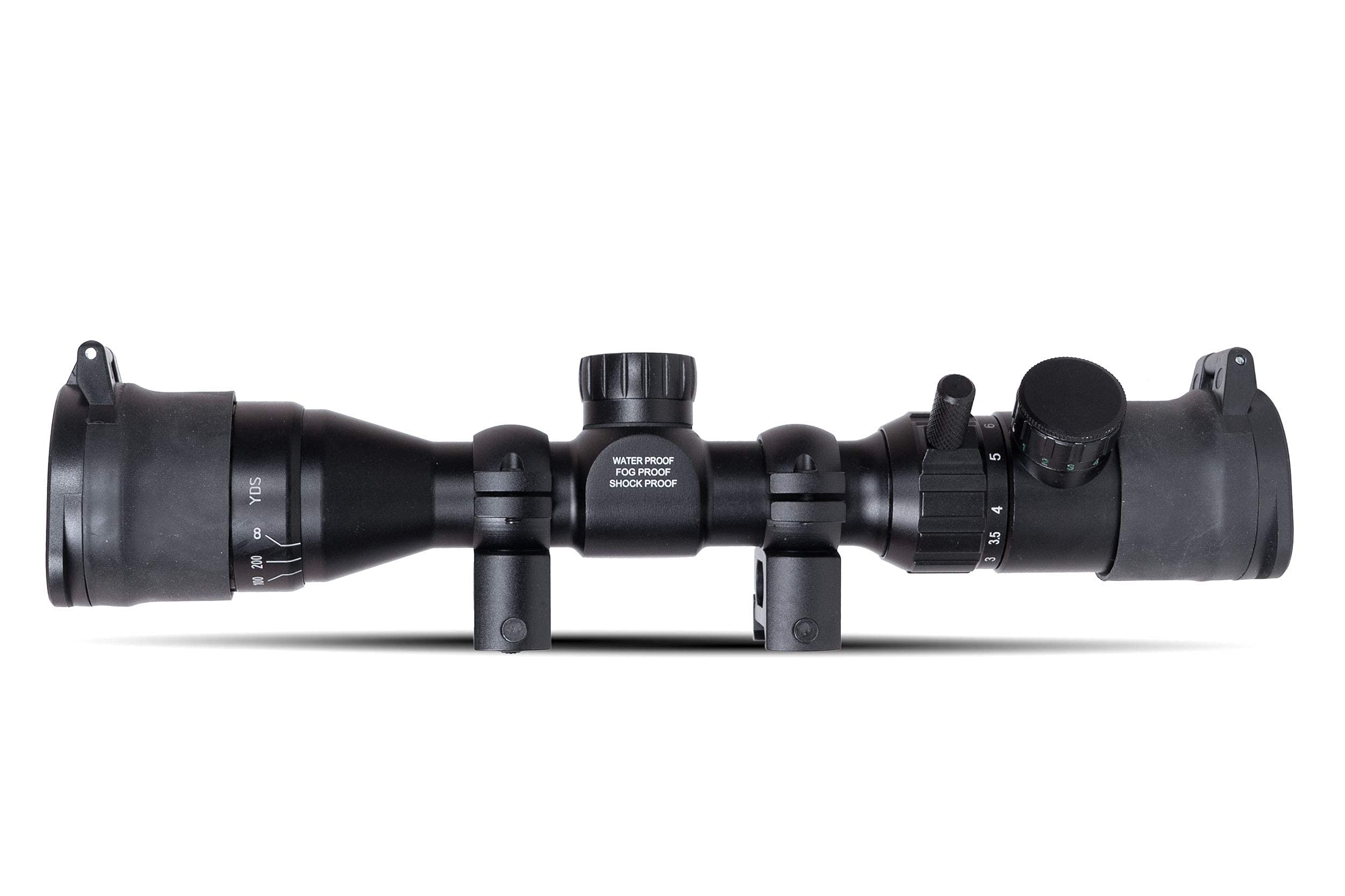 Monstrum 2-7x32 AO Rifle Scope with Illuminated Range Finder Reticle and Parallax Adjustment | Monstrum Flip Up Scope Cover Set | Bundle