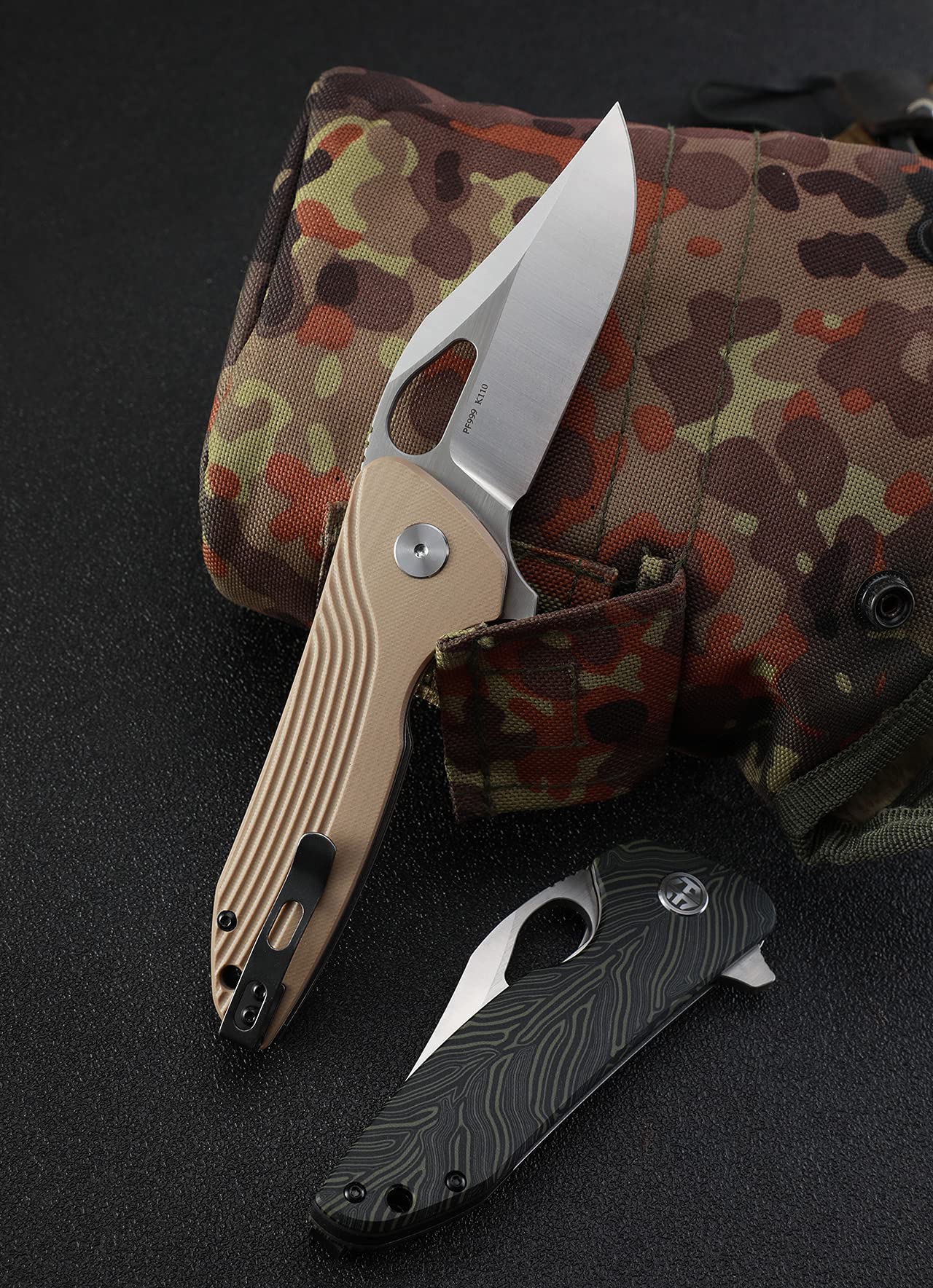 Petrified fish PF999 Original k110 steel blade folding knife ceramic ball bearing G10 handle outdoor camping hunting edc tool (Black)