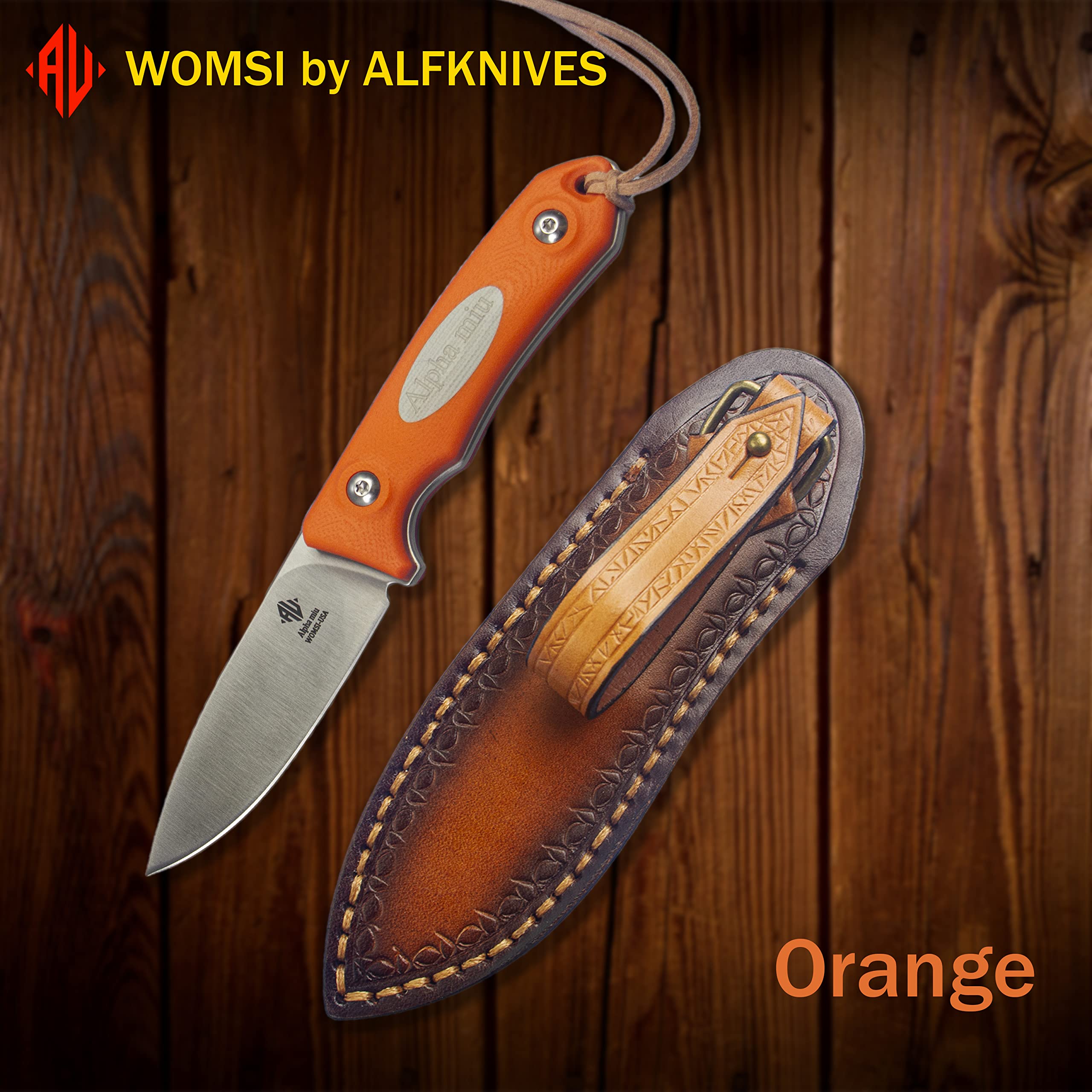 WOMSI Hunting Knife,Full Tang 6.57",DPS15-S Power Steel Blade,Sonorous&durable G10 Handle with Leather Sheath(Orange)