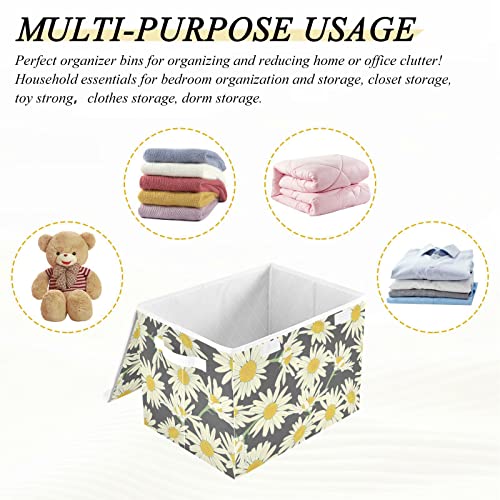 ZRWLUCKY Floral Pattern Camomile Cute White Storage Bins with Lids and Handle Durable Collapsible Storage Container Bin for Playroom, Office, Kids, Nursery