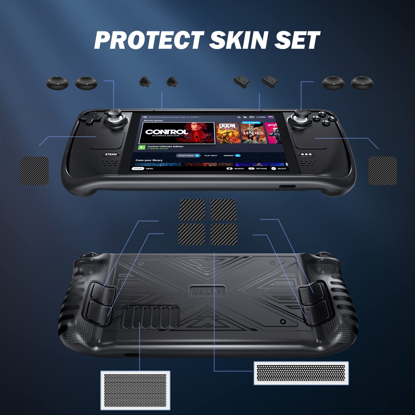 Steam Deck Case,[21 in 1]Steam Deck Accessories Set with TPU Protective Cover Case,Adjustable Stand Dock and 2 HD Tempered Glass Screen Protector,90° Type-c Expansion Adapter and Protect Skin Kit