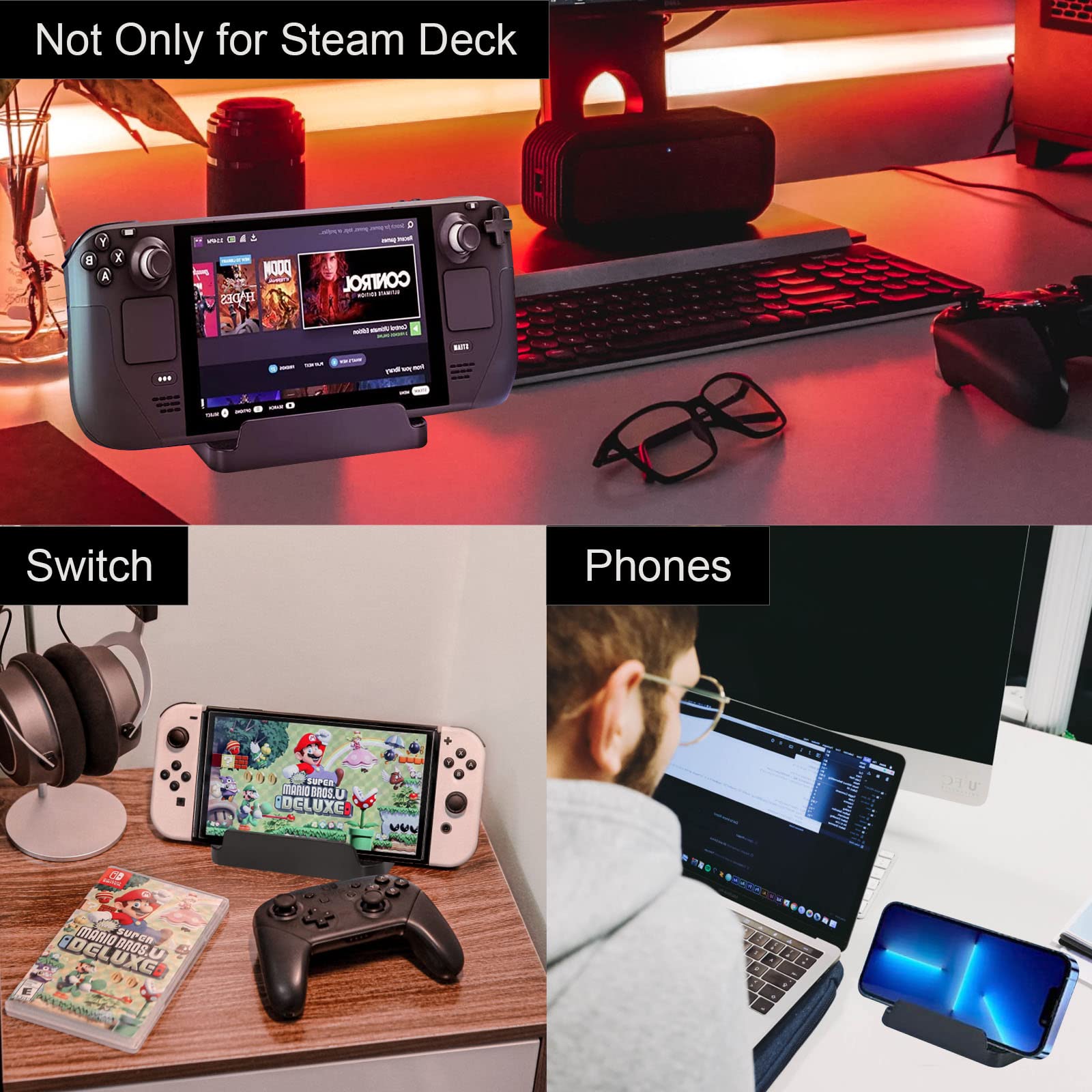 Tangaroa Stand for Switch & Steam Deck - Adjustable Foldable Steamdeck Accessories Holder Stand with Anti-Slip Silicone Pad, Fit Steam Deck, Switch and Mobile Phones (Black)