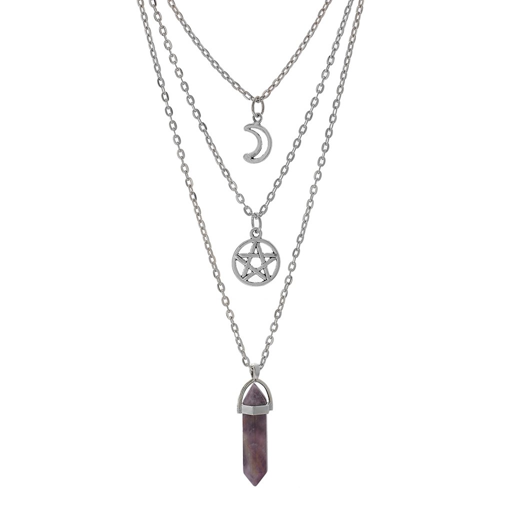 MJartoria Moon Pentagram Necklace Crystal Chakra Pendant Layered Necklaces for Women Choker Necklace Gothic Jewelry Y2K Goth Accessories (Purple Amethyst, Moon Pentagram)