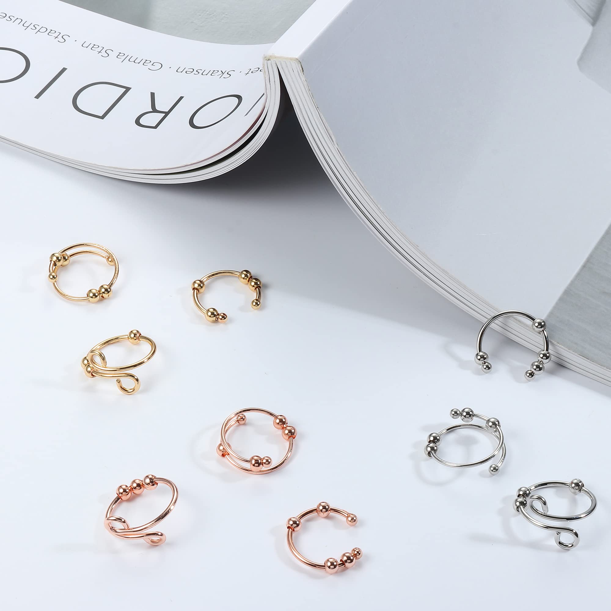RnBLM JEWELRY 9Pcs Fidget Rings for Anxiety with Beads Anxiety Ring for Women Men Spinner Fidget Rings Stress Relief Stackable Rings Adjustable