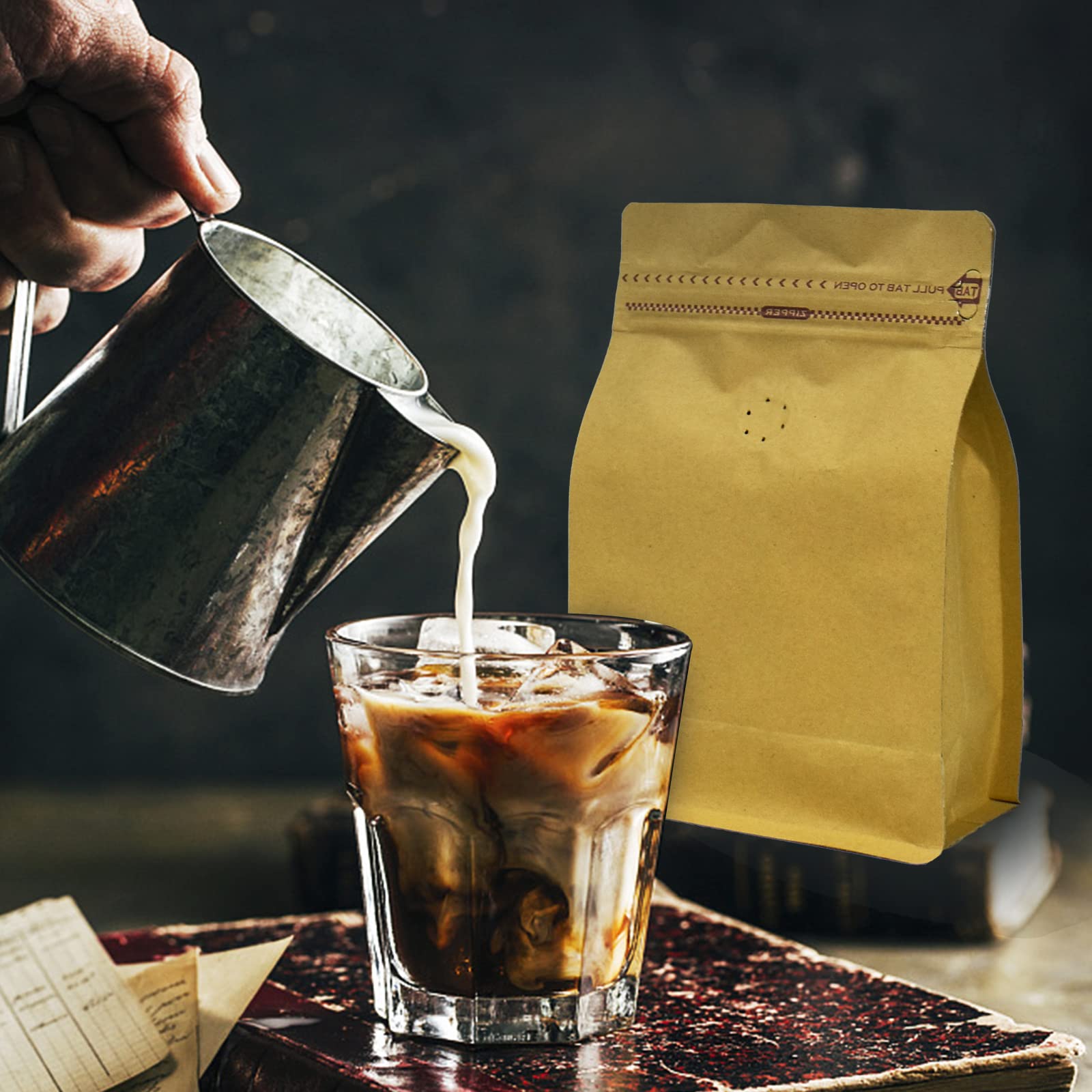 Stand Up Coffee Bags, Natural Kraft Paper Heat Sealed Flat Bottom Coffee Pouches with Degassing Valve and Reusable Side Zipper(50 Pcs, 8 oz, 0.5 LB)