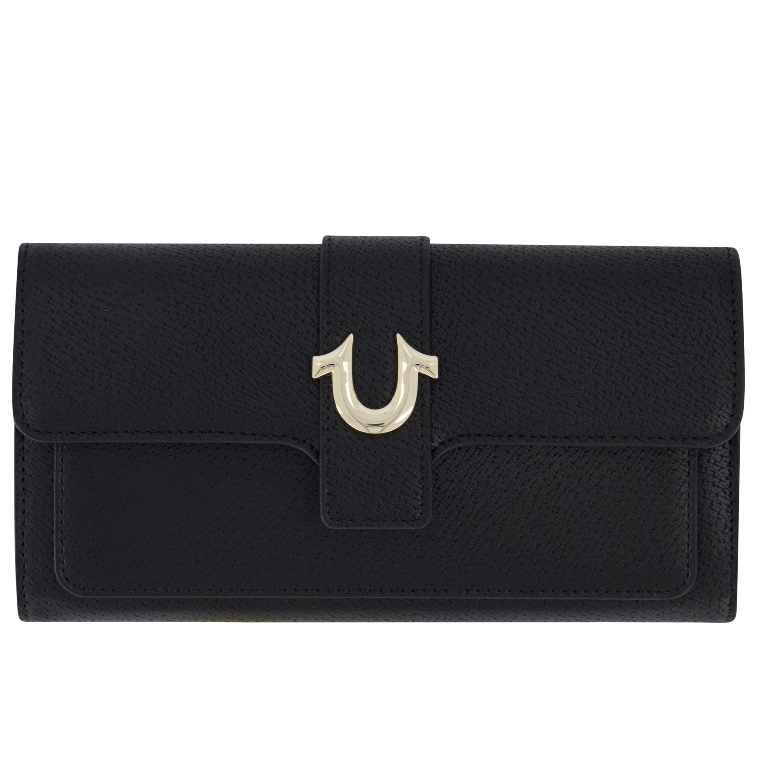 True Religion Women's Wallet, Horseshoe Logo Small Compact Clutch Purse, Black