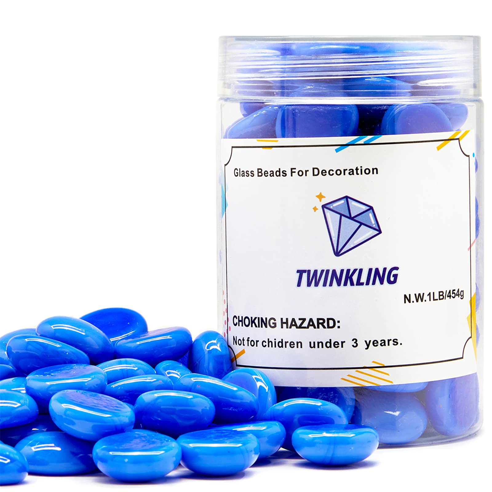 TWINKLING High Luster Round Fire Pit Glass Stones,Glass Marbles,Glass Pebbles,Glass Beads Gems Chips for Fire Pit Vase Fillers Crafts Aquarium Garden Decoration,17-19mm,1-Pound Jar (Blue Porcelain)