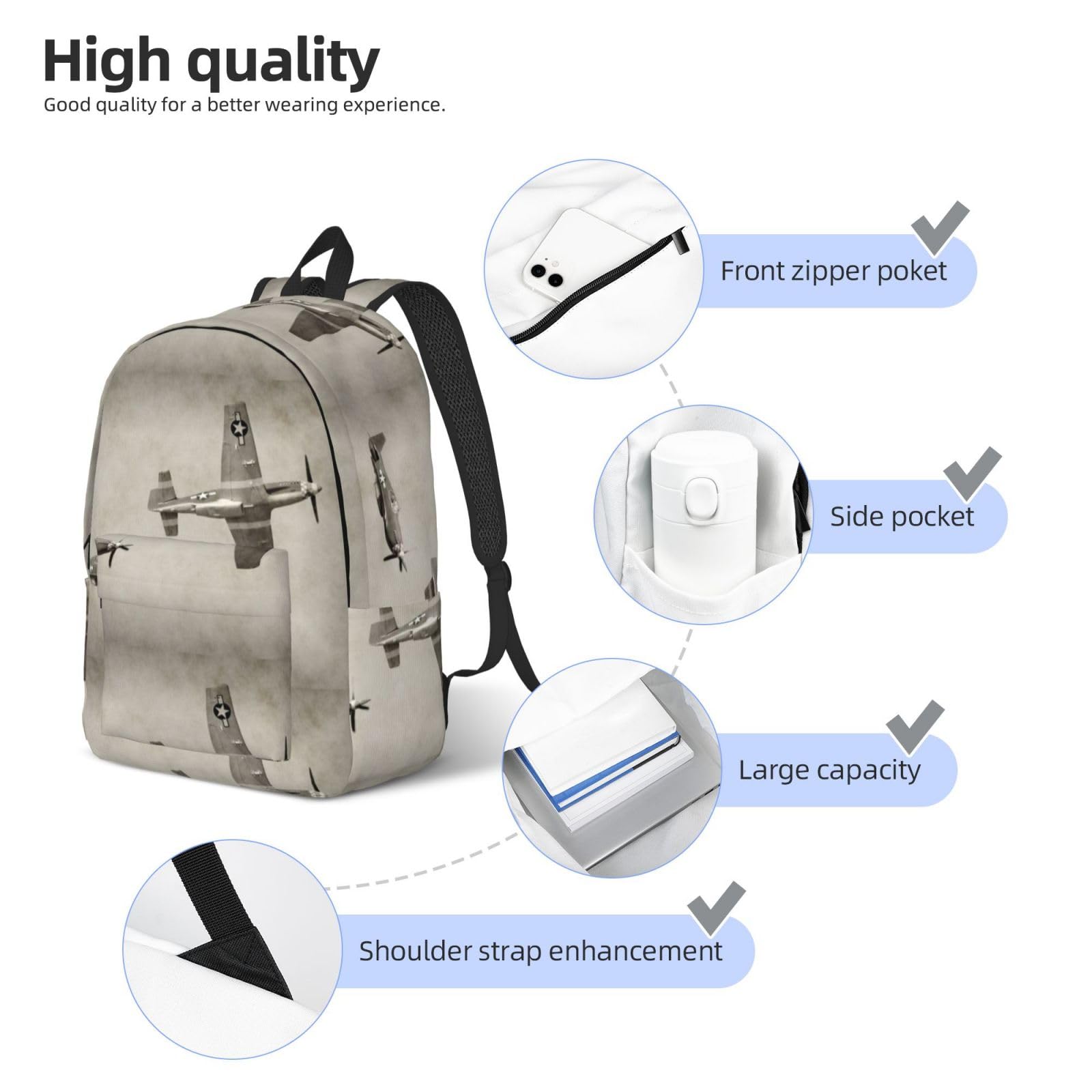 NOKOER World War 2 Aircraft Airplane Printed Canvas Backpack,Casual Daypacks,Laptop Backpack For Women Men,Lightweight Travel Daypack