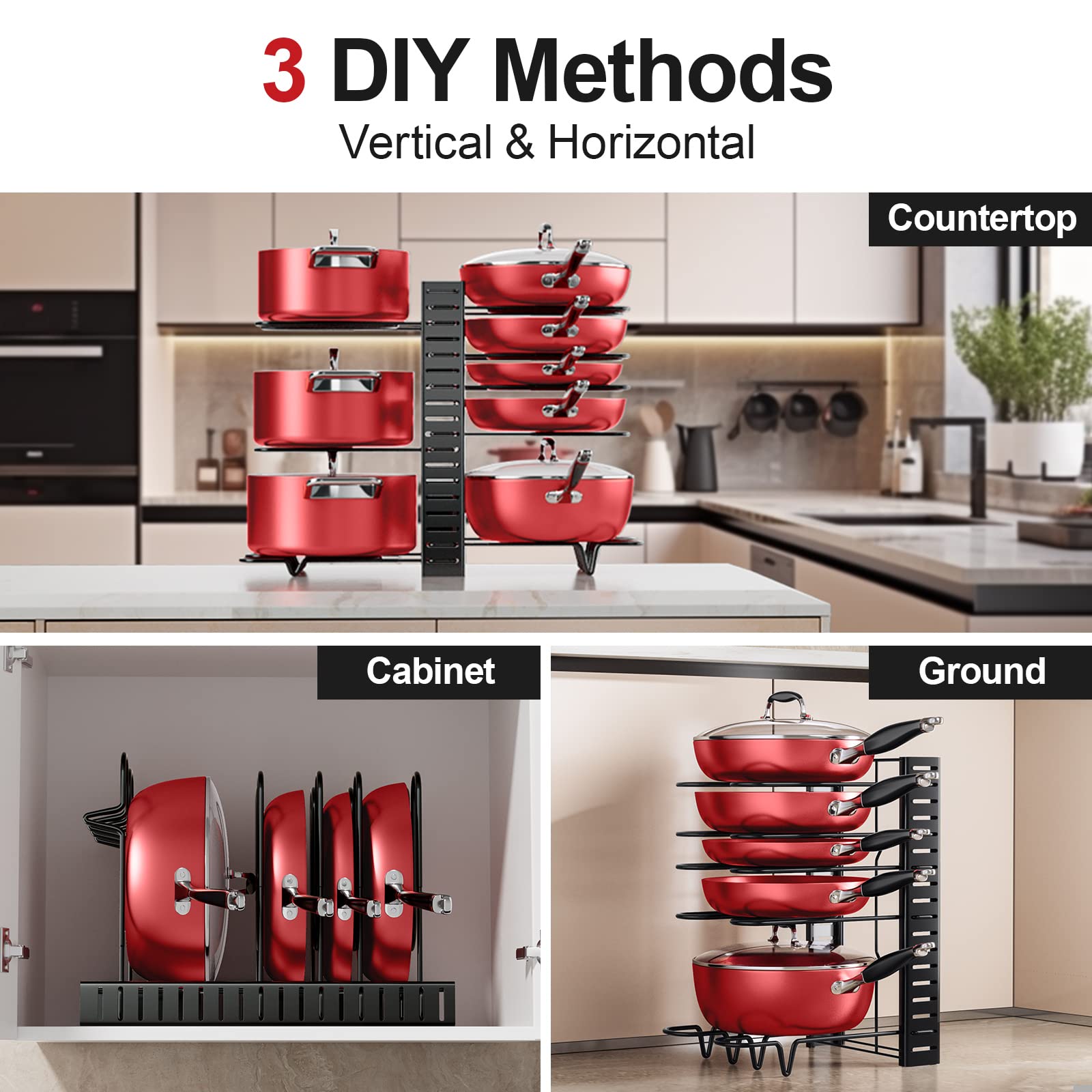 MUDEELA 8-Tier Pots and Pans Organizer for Cabinet and Expandable Pan Organizer Rack Bundle