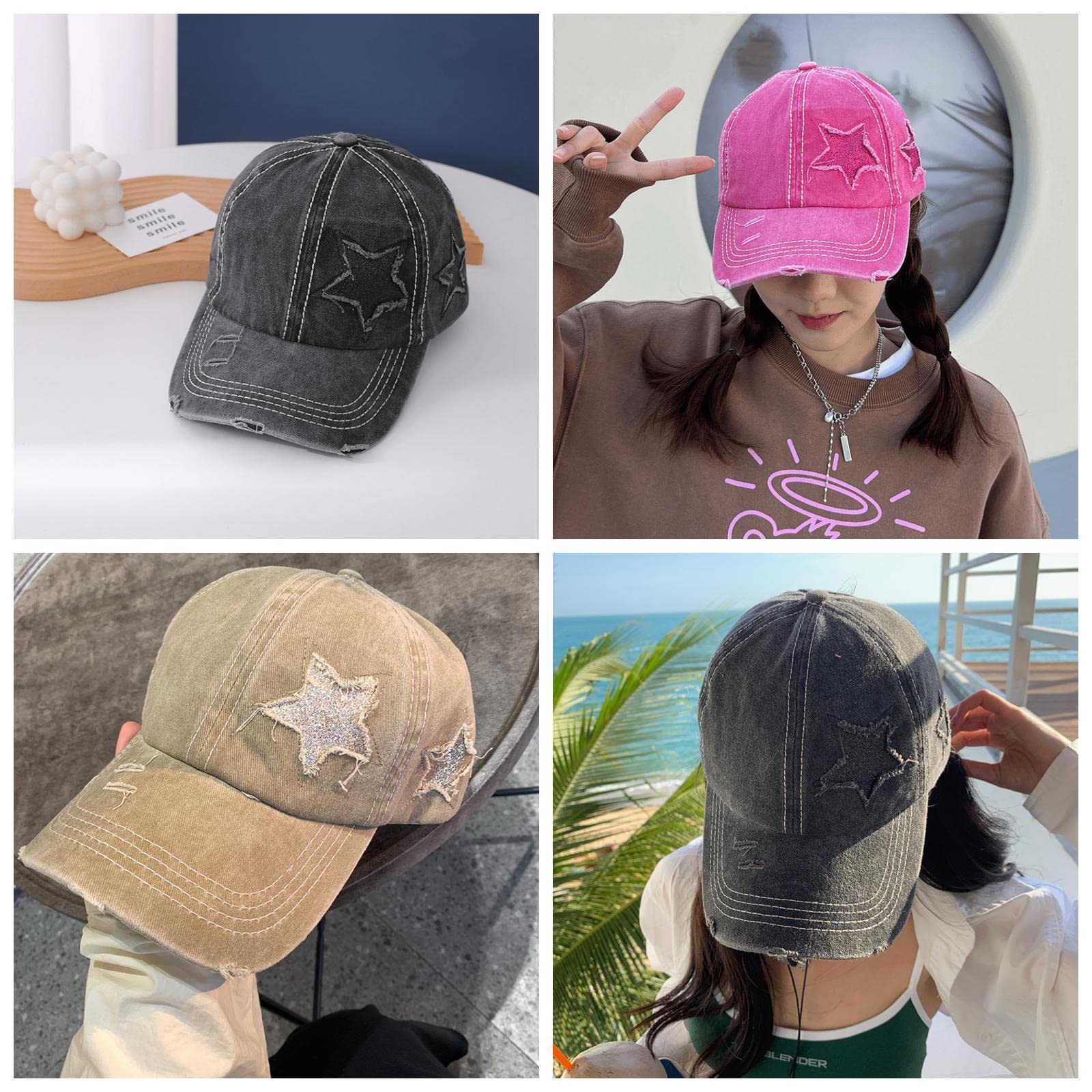 ProMindFun Womens Ponytail High Messy Bun Hats Distressed Baseball Caps Unconstructed Washed Dad Hat Girls Trucker Ponycaps (16-Glitter Black)