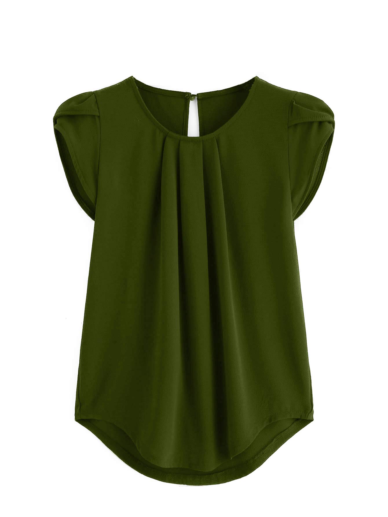 Milumia Womens Casual Round Neck Basic Pleated Top Shirt Curved Keyhole Back Blouse (Army Green, Large, Cap Sleeve)