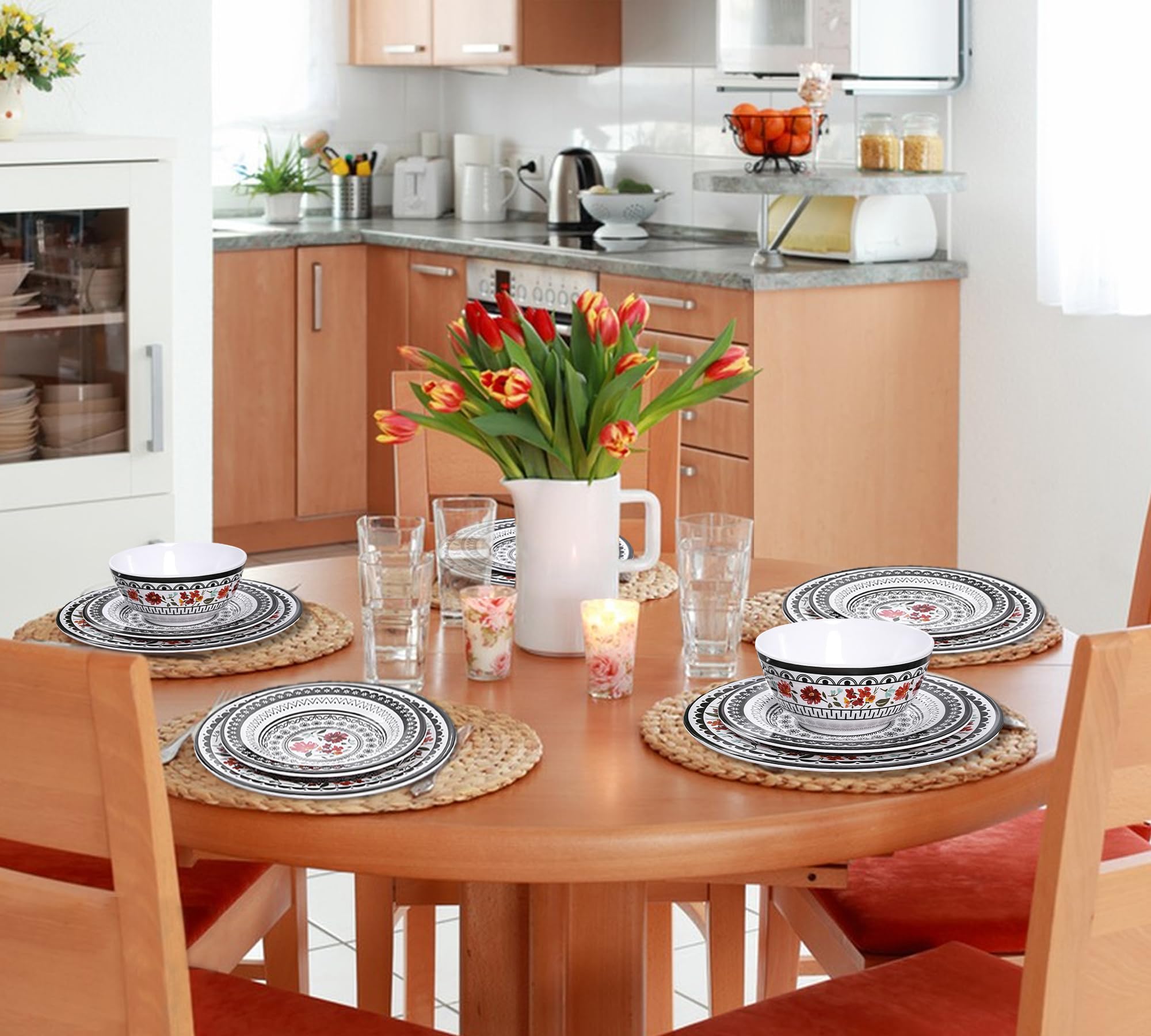 Melamine Dishes Dinnerware Sets - 12pcs Melamine Dinner Plates, Salad Plates and Bowls, for Everyday Use (Imitation Blue)